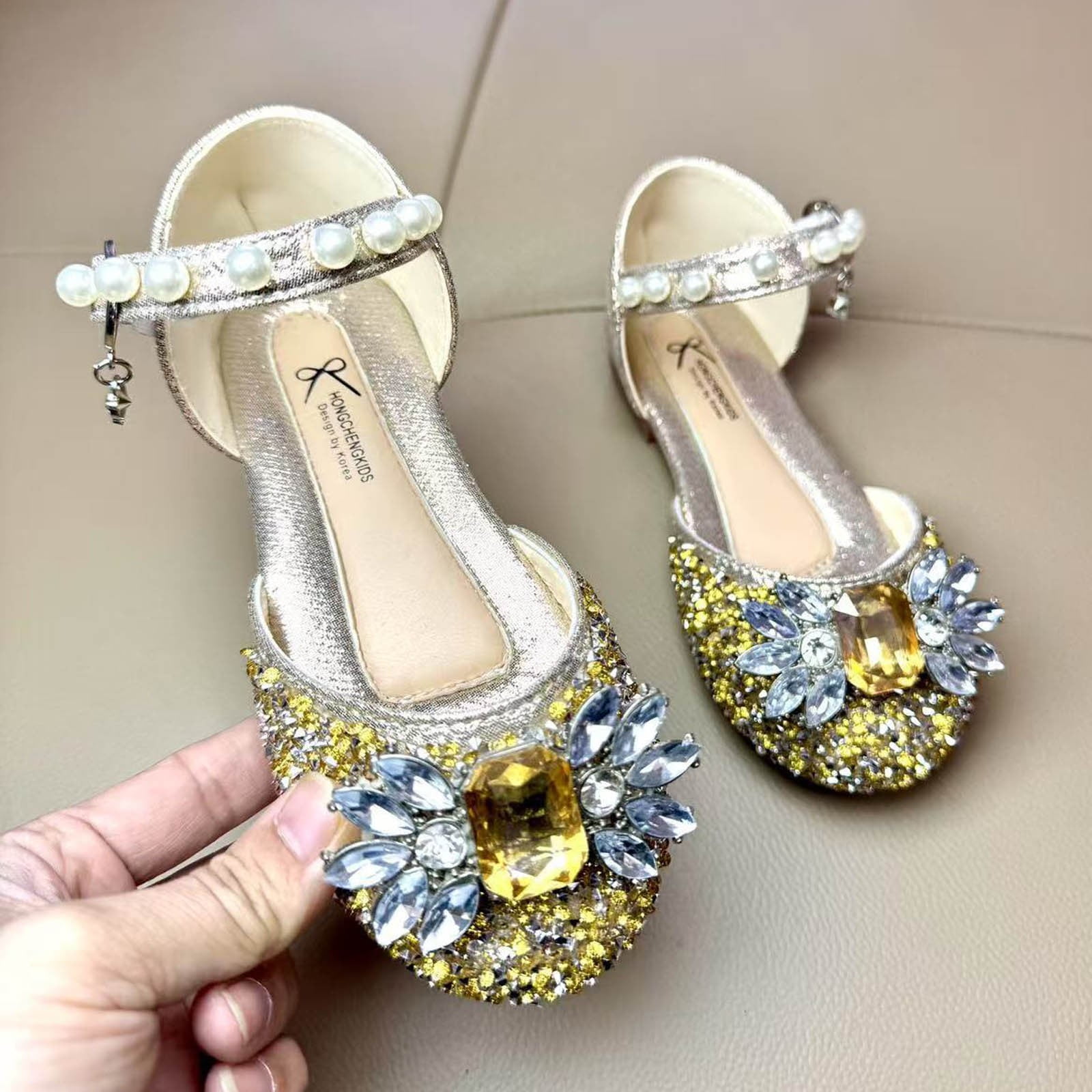 ATOGUTA Girls Flat Dress Shoes Gold Rhinestone Princess Ballet Flats ...