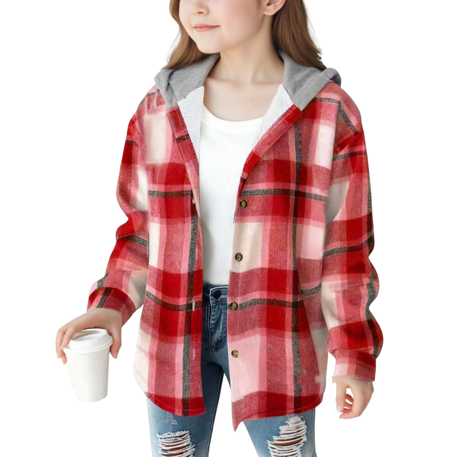 ATOGUTA Girls Hooded Shirt Jackets Button Long Sleeve Fall Winter Coat ...