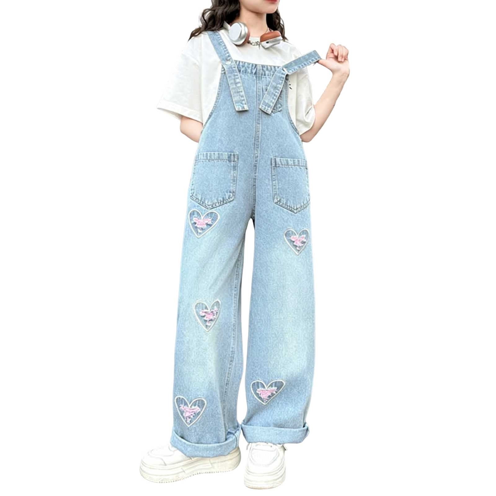 ATOGUTA Girls Jeans Overalls Straight Leg Sleeveless Denim Pants Kids ...