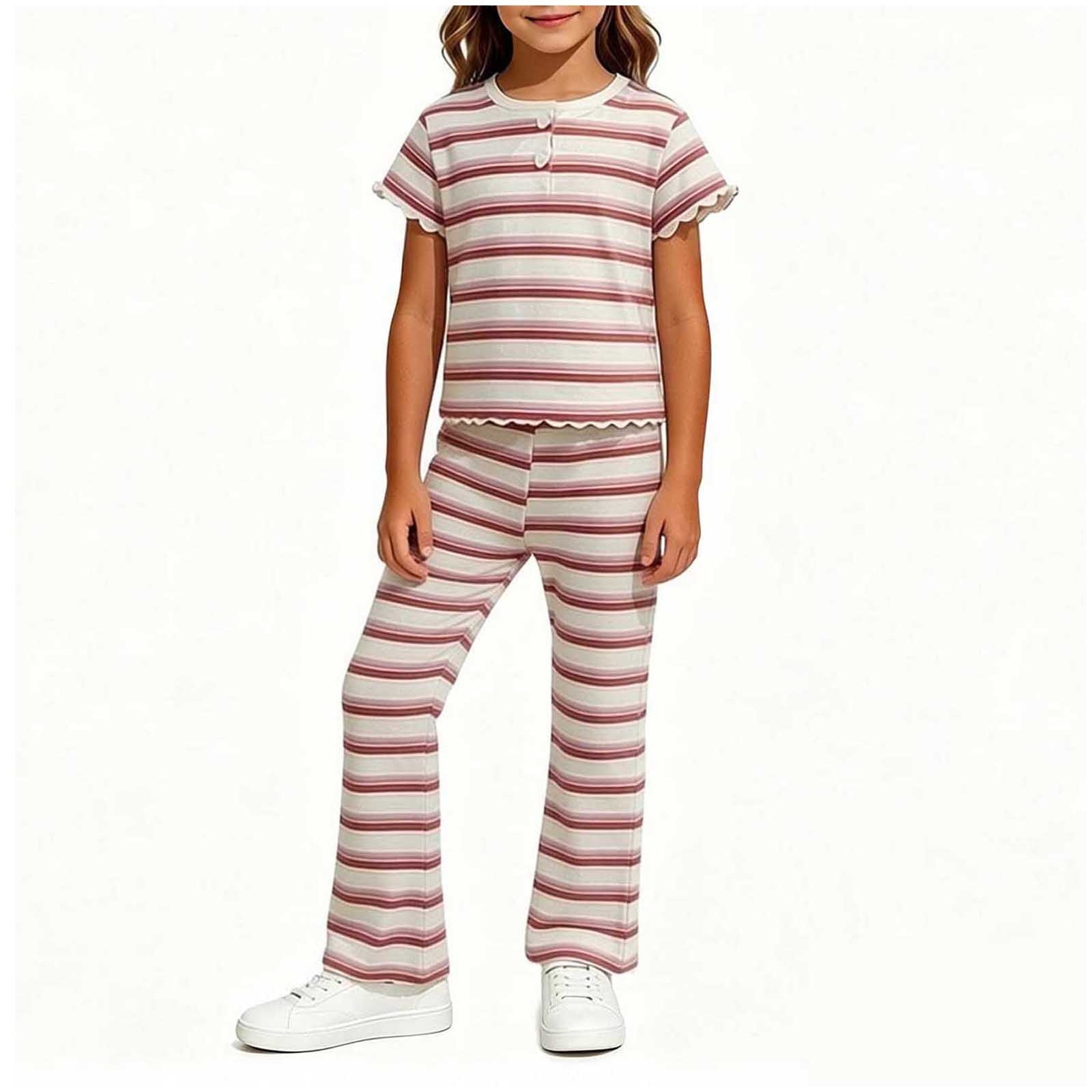 ATOGUTA Girls Joggers Set Striped Short Sleeve T-Shirts and Flare Pants ...