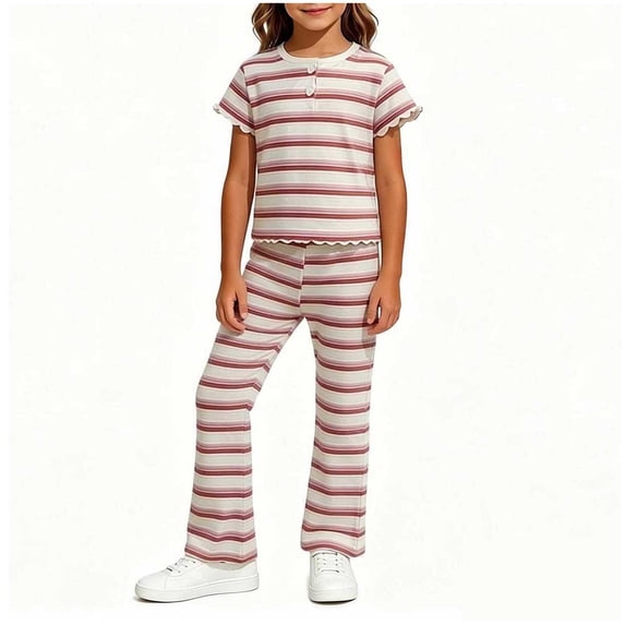 ATOGUTA Girls Joggers Set Striped Short Sleeve T-Shirts and Flare Pants ...