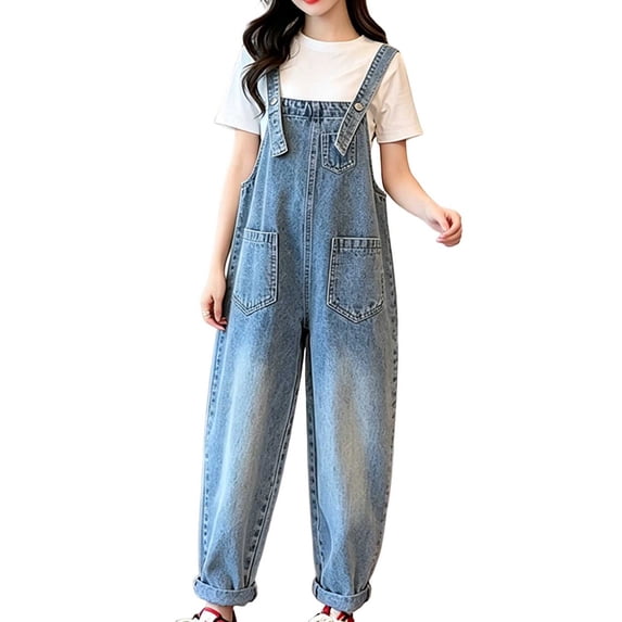 ATOGUTA Girls Jumpsuit Jeans Straight Leg Sleeveless Denim Pants Kids ...