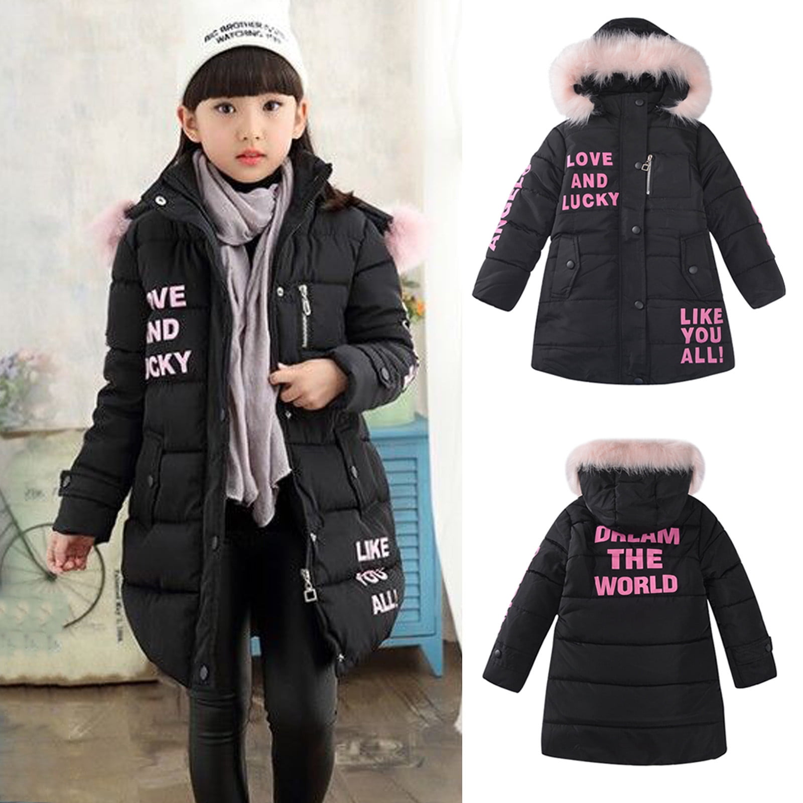 ATOGUTA Girls Long Down Coats Letter Cute Thick Hooded Zipper Jacket ...