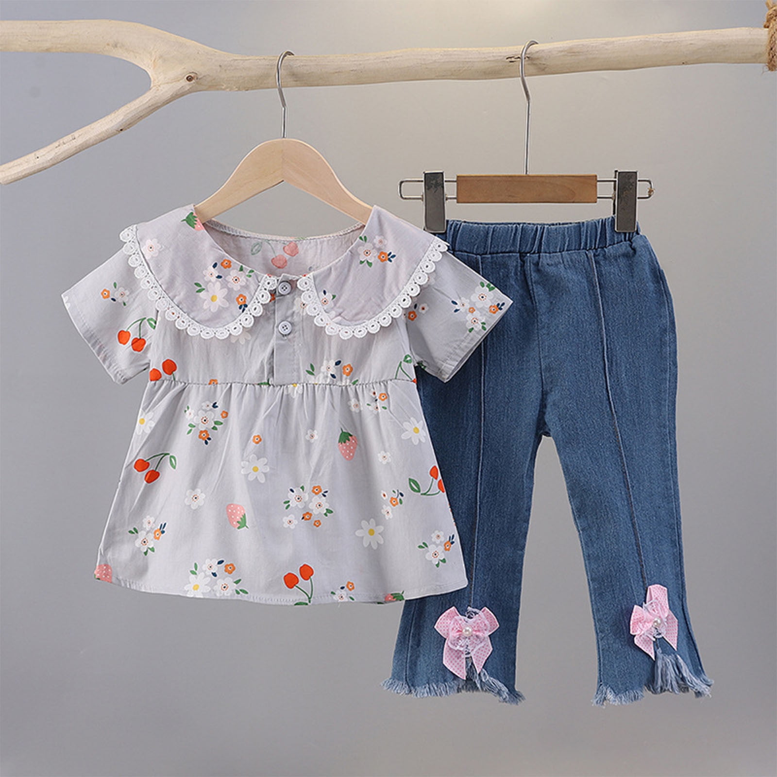 ATOGUTA Girls Matching Sets Short Sleeve Ruffled Blouse and Jean Pants ...