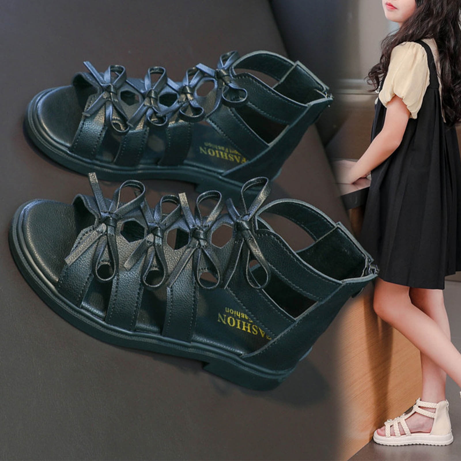 ATOGUTA Girls Open Toe Sandals Black Strappy Open Toe Outdoor Flats ...