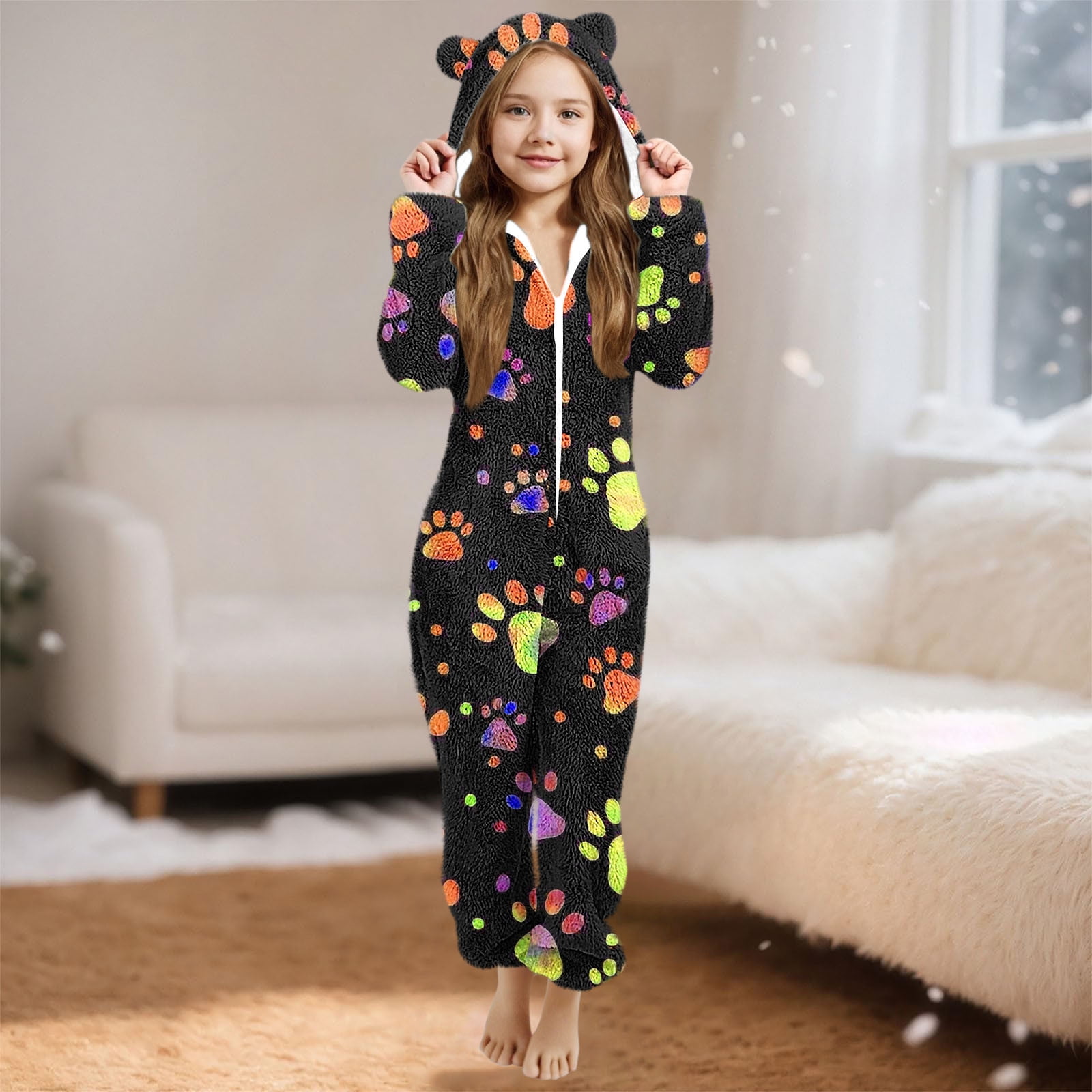 ATOGUTA Girls Pajamas Girls Unisex Kids Fleece Hooded Jumpsuits Long ...