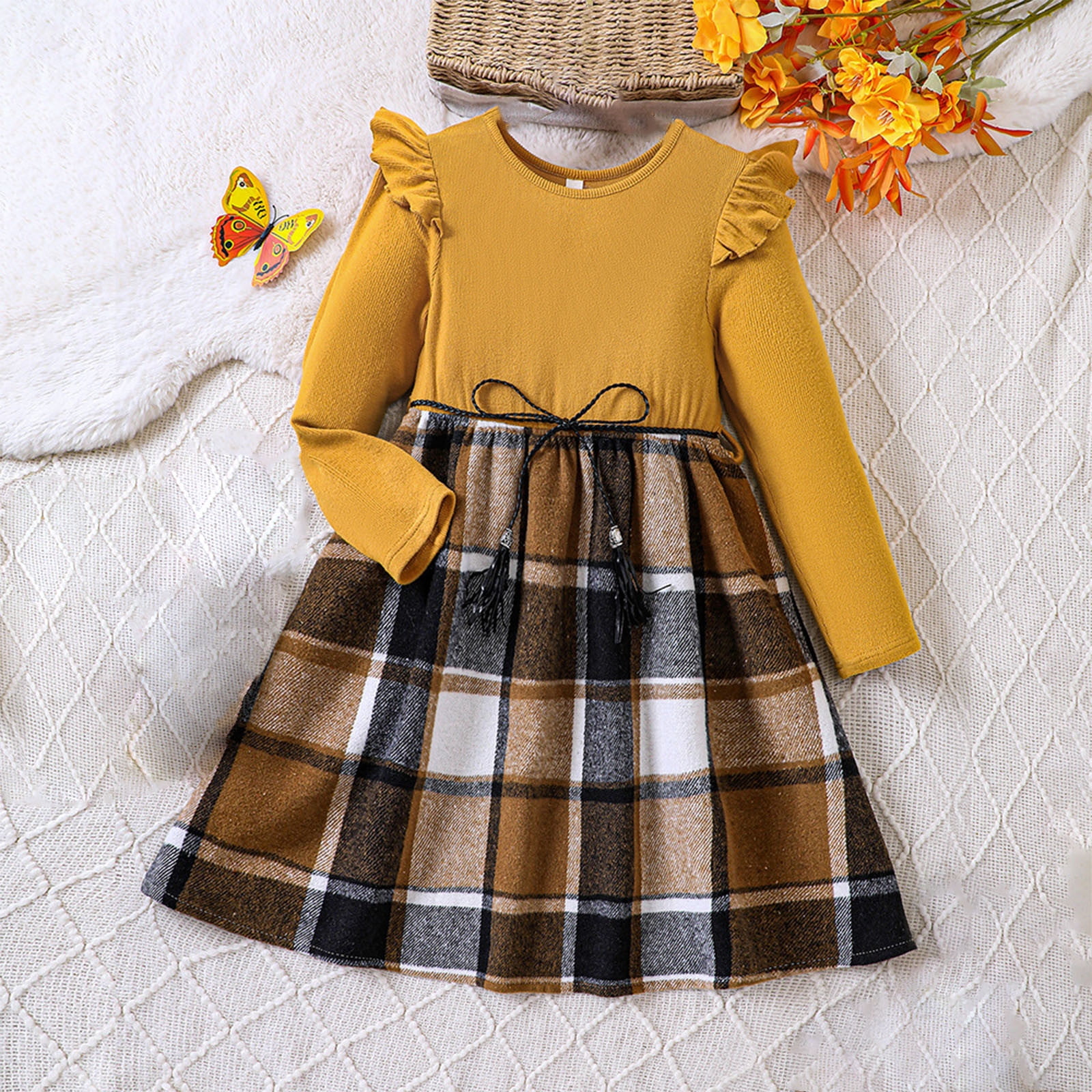 ATOGUTA Girls Party Dresses Fall Ruffle Long Sleeve Crew Neck A-line ...