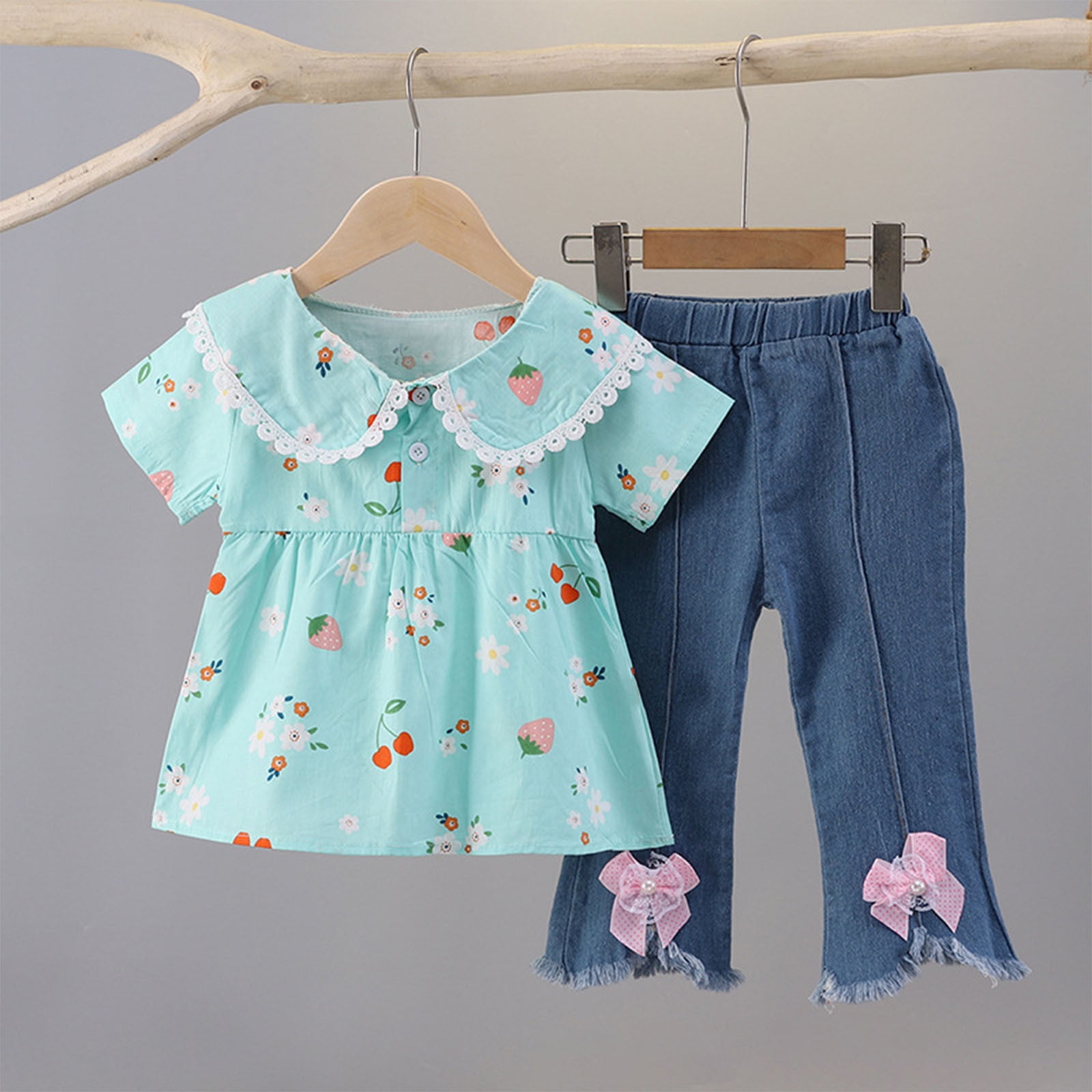 ATOGUTA Girls PhotoShoot Outfits Short Sleeve Ruffled Blouse and Jean ...