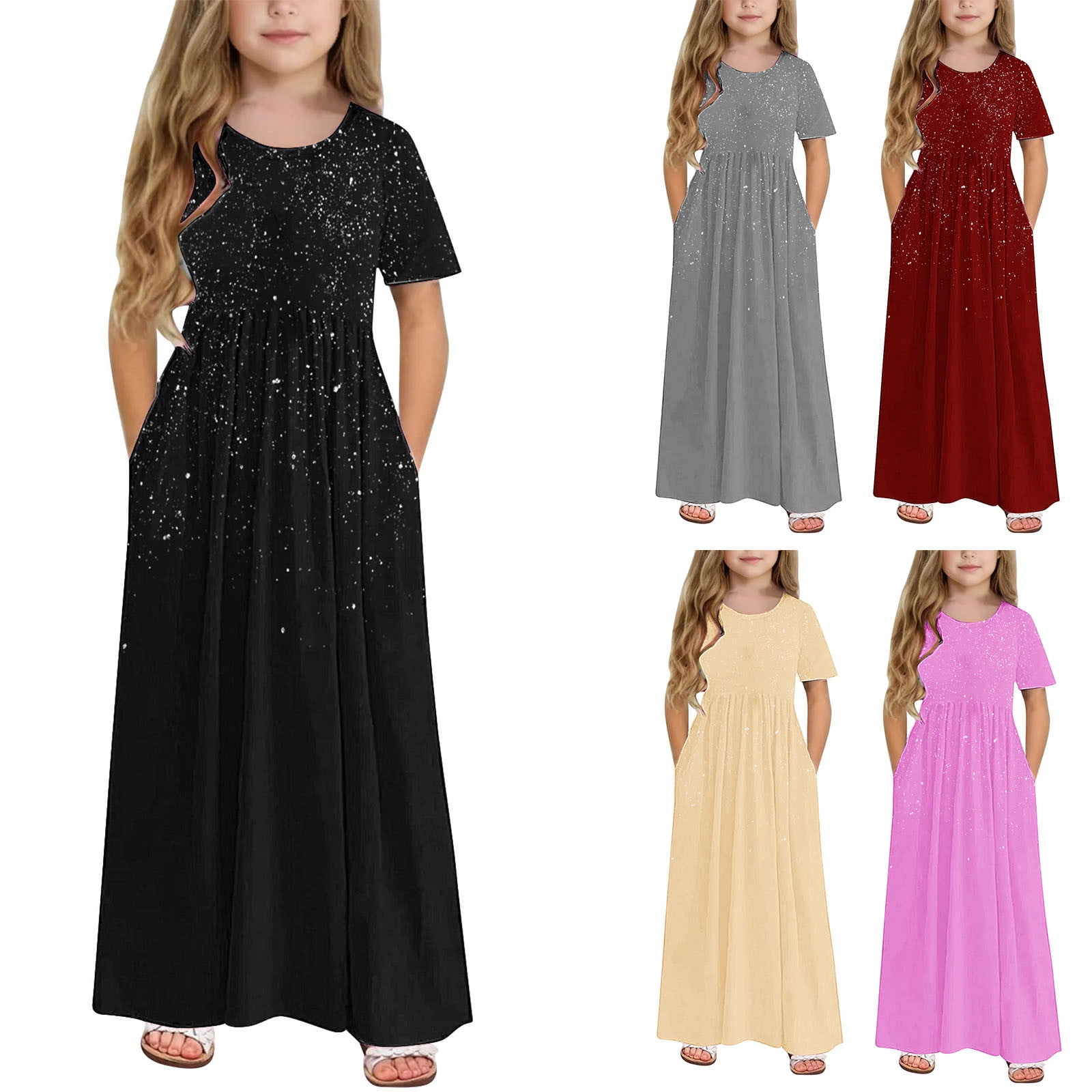 ATOGUTA Girls Play Dresses Short Sleeve Floral Print Loose Casual Long ...