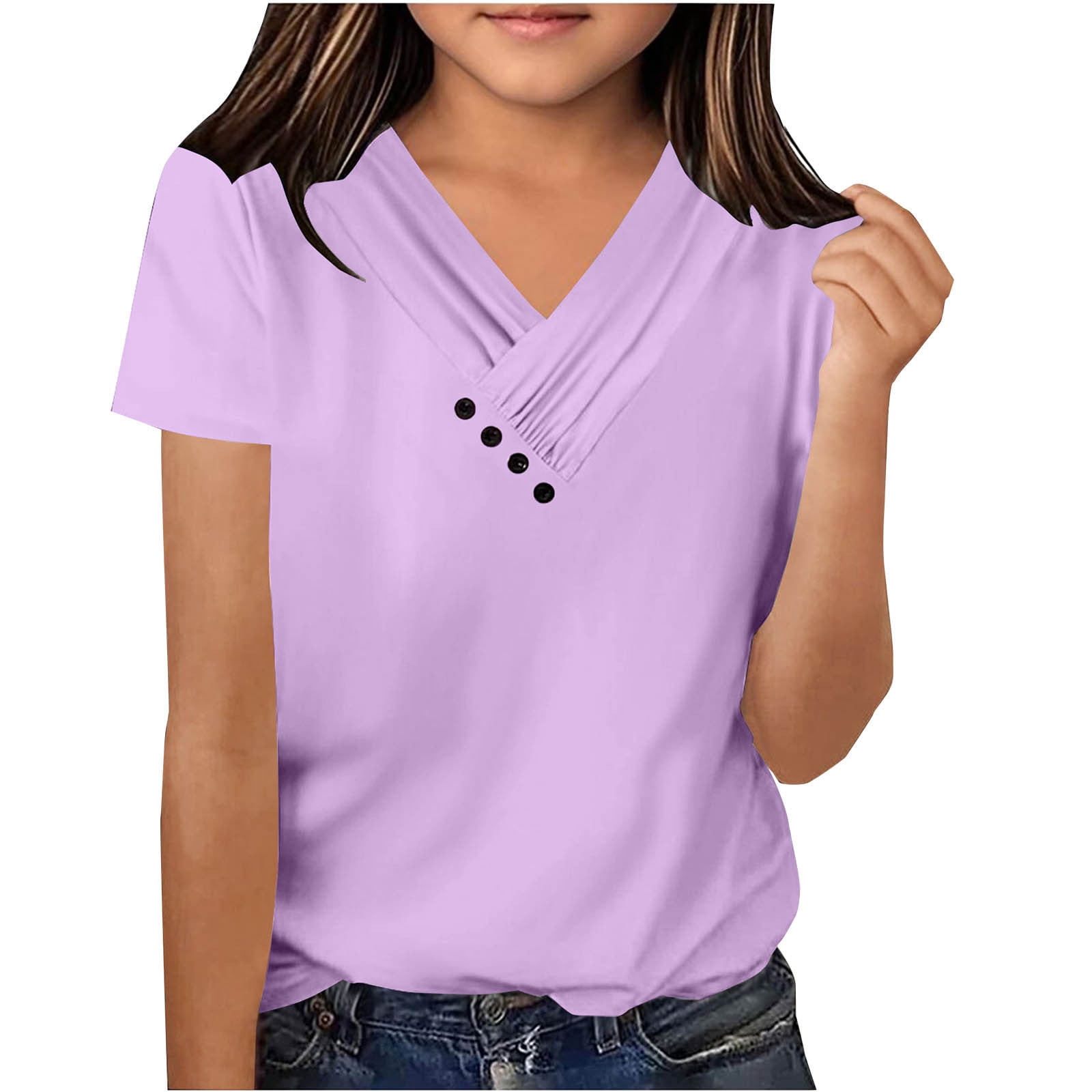 ATOGUTA Girls Pleated T Shirts 6-16 Kids V-Neck T-Shirts Summer Tops Basic Tees Purple - Walmart.com
