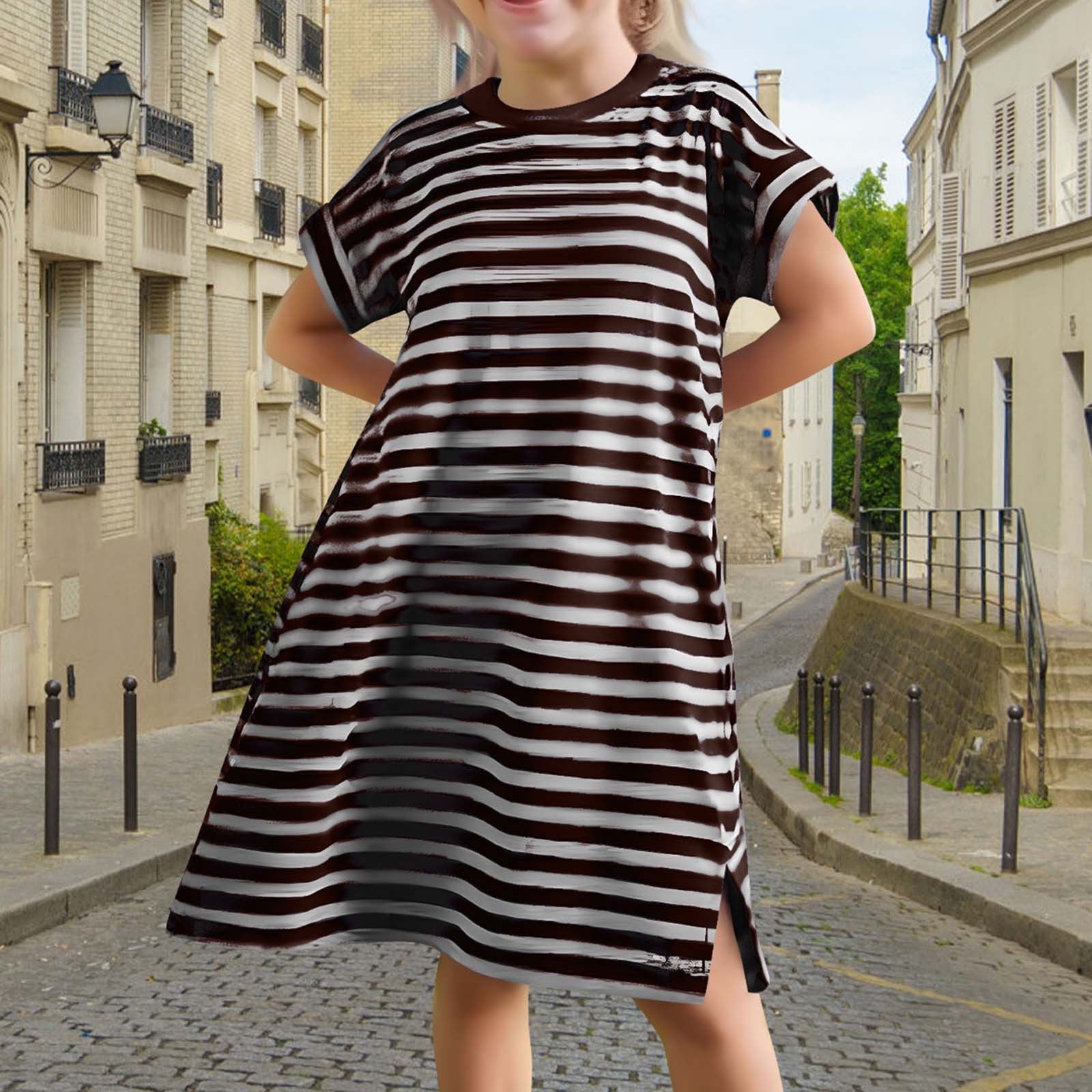 ATOGUTA Girls Ruffled Dress Sets Short Sleeve A Line Casual Striped ...
