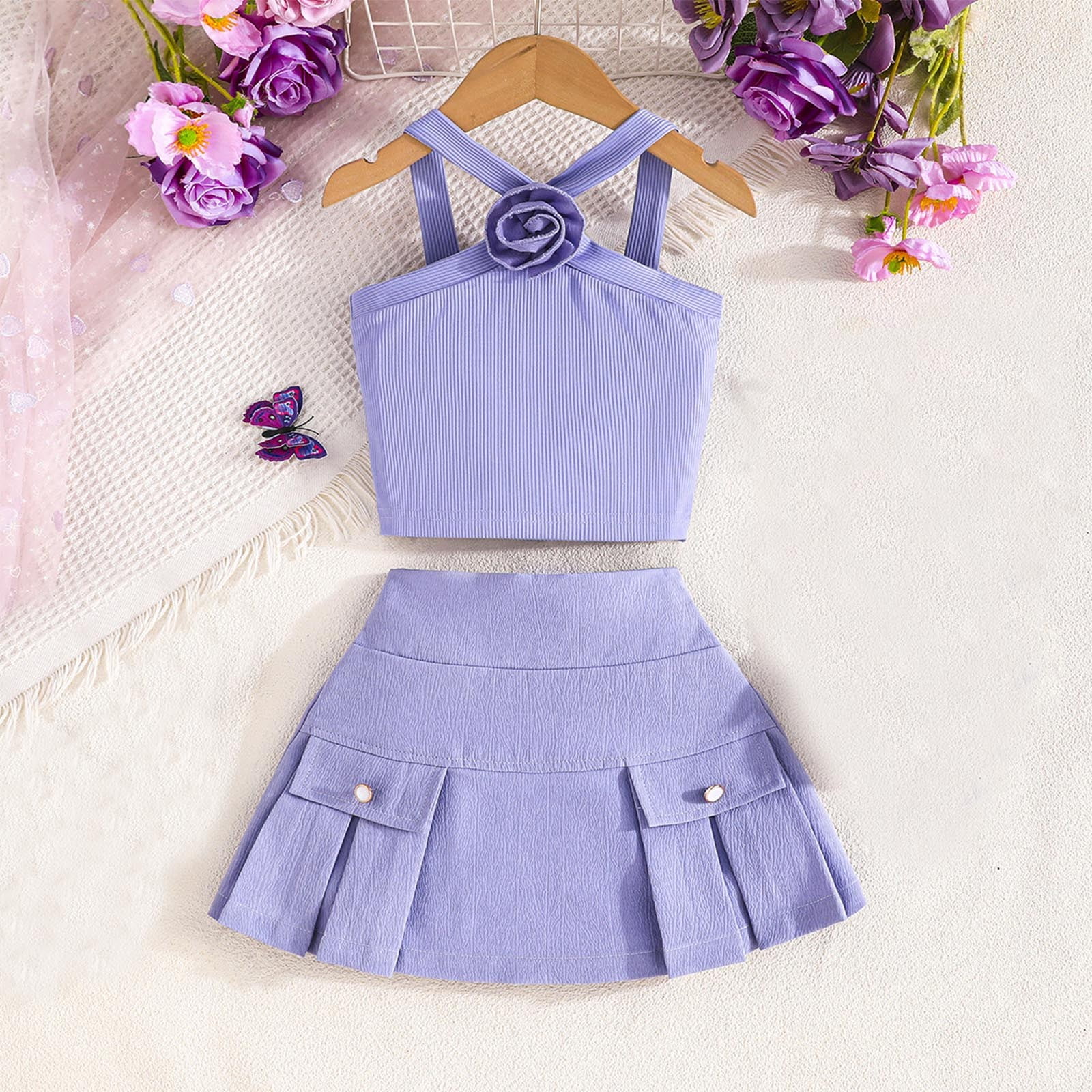 ATOGUTA Girls' Skirt Sets 9M-5T Flower Sleeveless Crop Top and Mini Skirt 2 Piece Outfit Purple ...