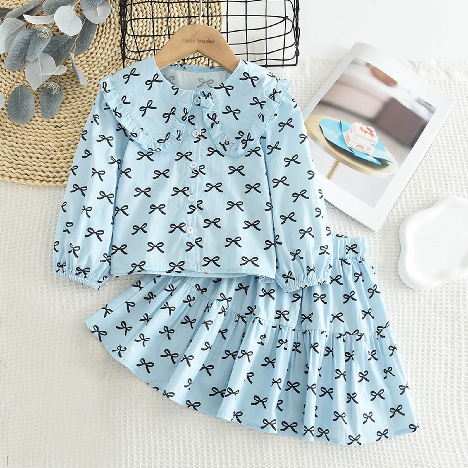 ATOGUTA Girls' Skirt Sets Graphic Long Sleeve Collar Blouse and Skater ...
