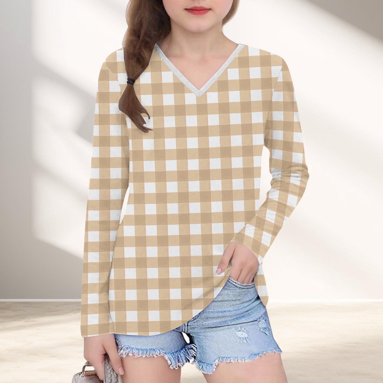 ATOGUTA Girls Tshirts Long Sleeve Plaid Shirts Kids V Neck Soft Tunic ...