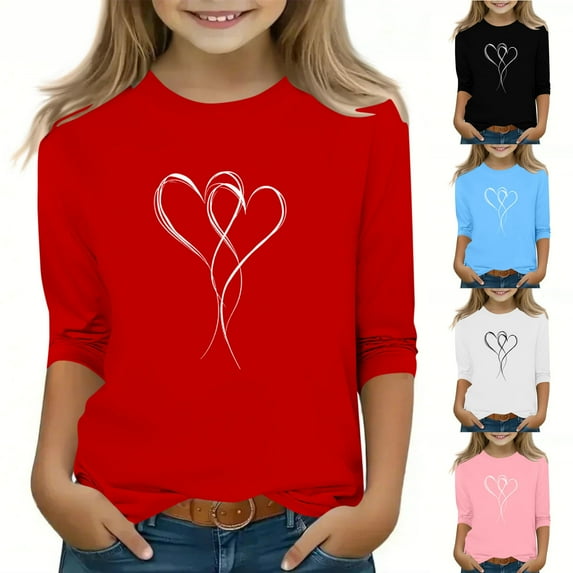 ATOGUTA Girls Valentines Shirts Kids Crew Neck Basic Tee 3/4 Sleeve ...