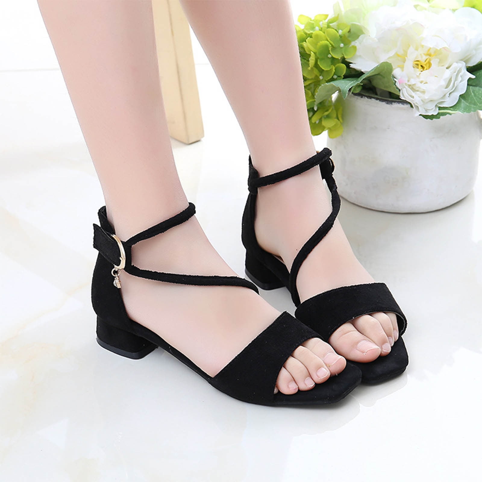ATOGUTA Girls Water Sandals Black Kids Heels Dress Shoes Ankle Strap Wedding Party Flower Girl ...