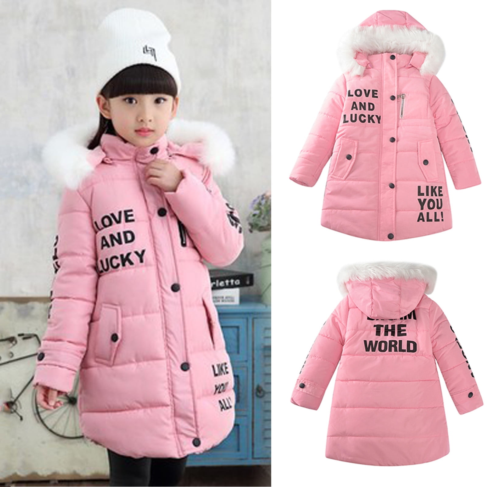ATOGUTA Girls Winter Jacket Letter Cute Thick Hooded Zipper Jacket Coat ...