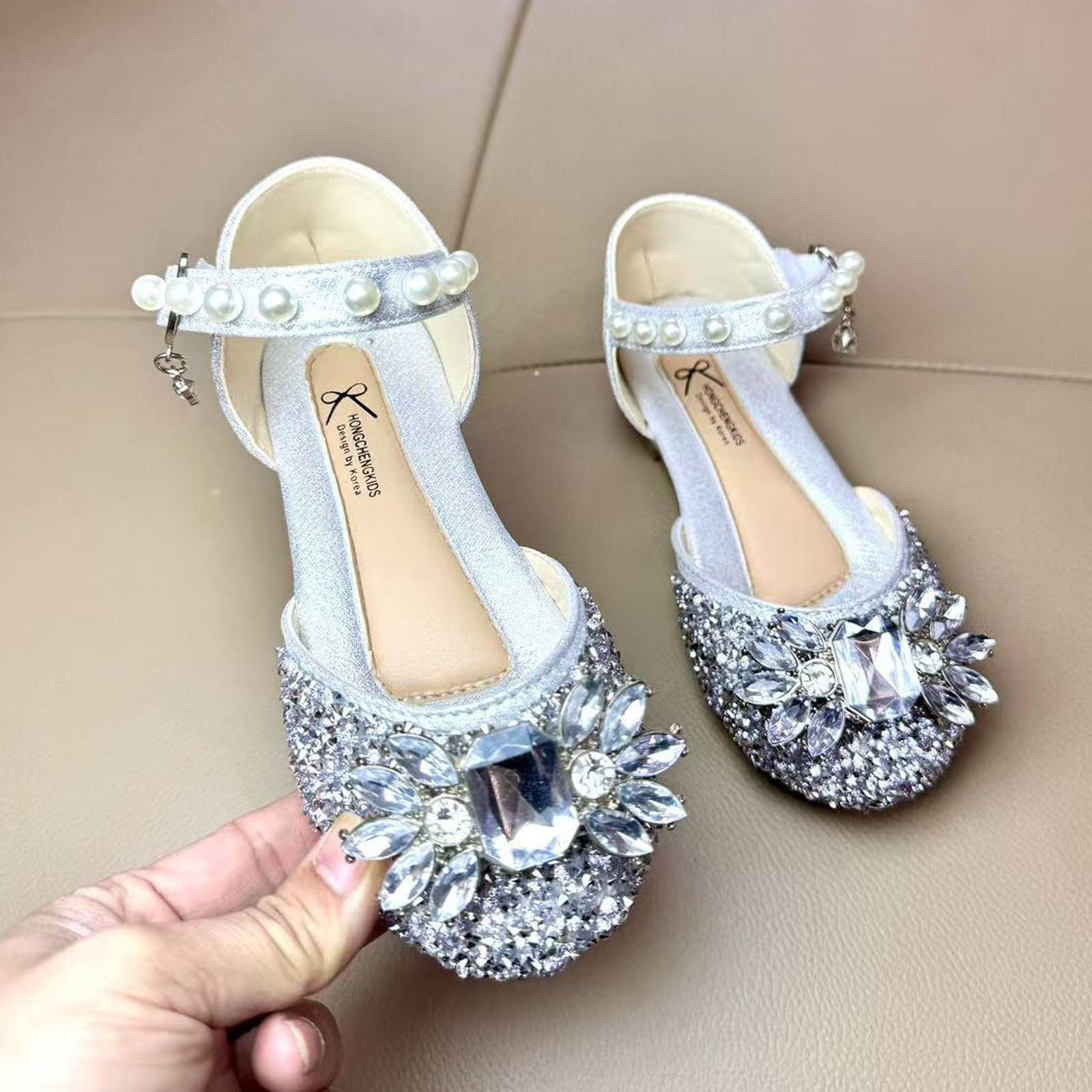 ATOGUTA Kid Dress Shoes Silver Rhinestone Princess Ballet Flats Slip-On ...