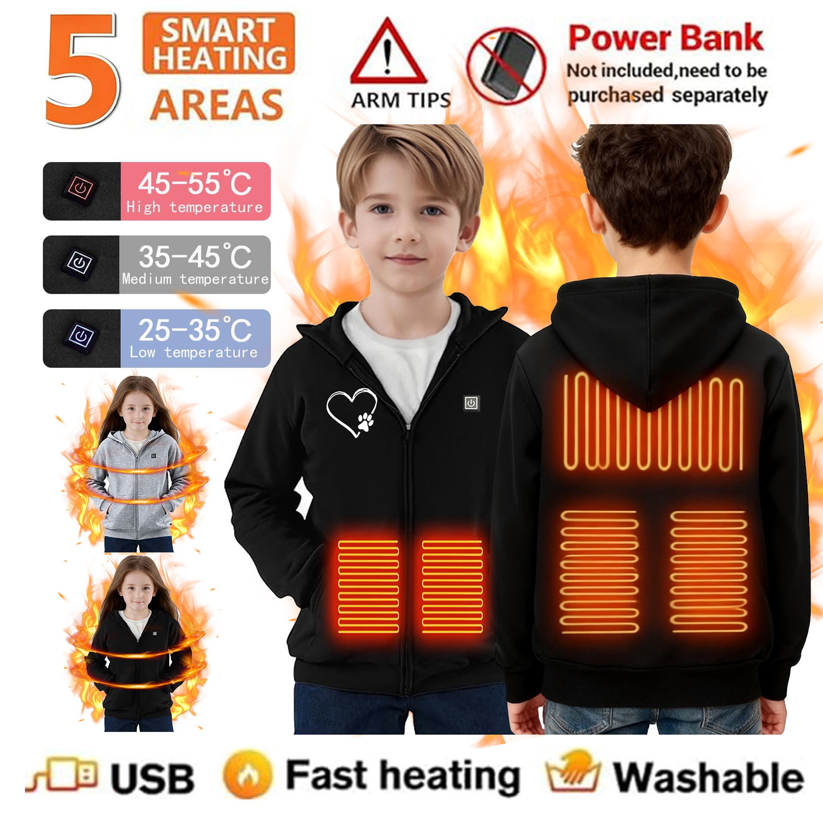 ATOGUTA Kids Heated Zip Up Hoodie Lightweight Electric Heating Hooded ...