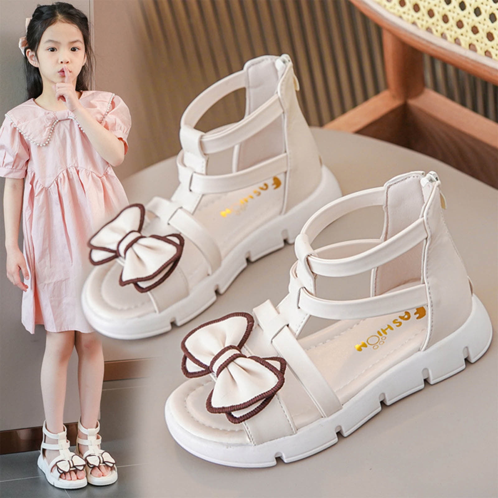 ATOGUTA Kids Sandals Girls Beige Strappy Open Toe Outdoor Flats with ...