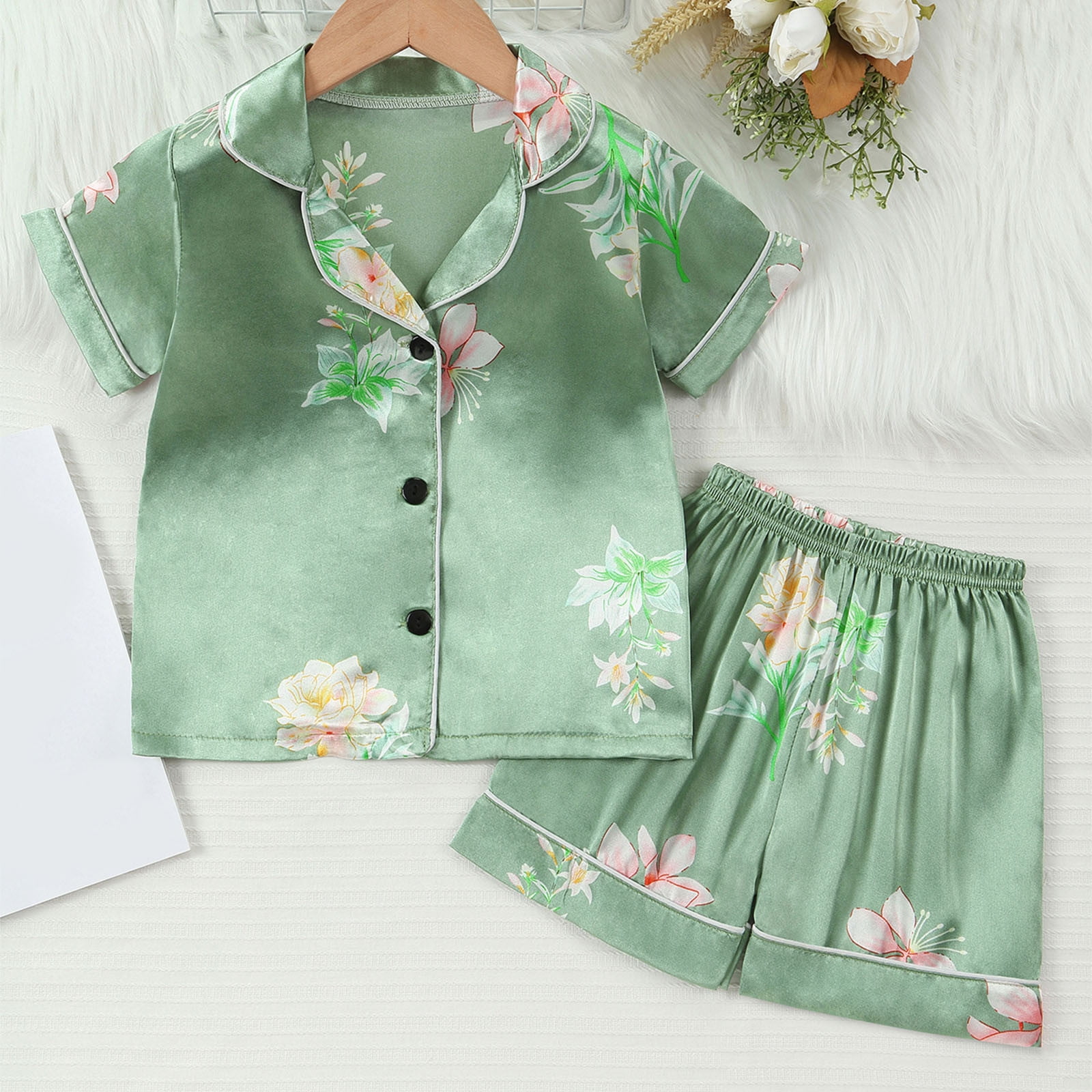 ATOGUTA Kids Silk Pajamas Set Girls 1T-8 Short Sleeve Kids Pjs Button ...