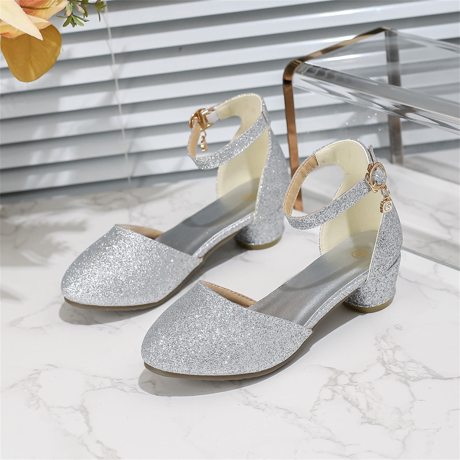 ATOGUTA Little Girls Dress Shoes Silver Kids Party Wedding Shoes with ...