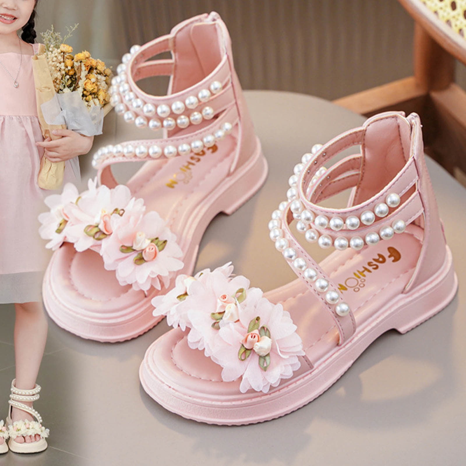 ATOGUTA Open Toe Sandals for Girls Pink Open Toe Summer Flats Dress ...