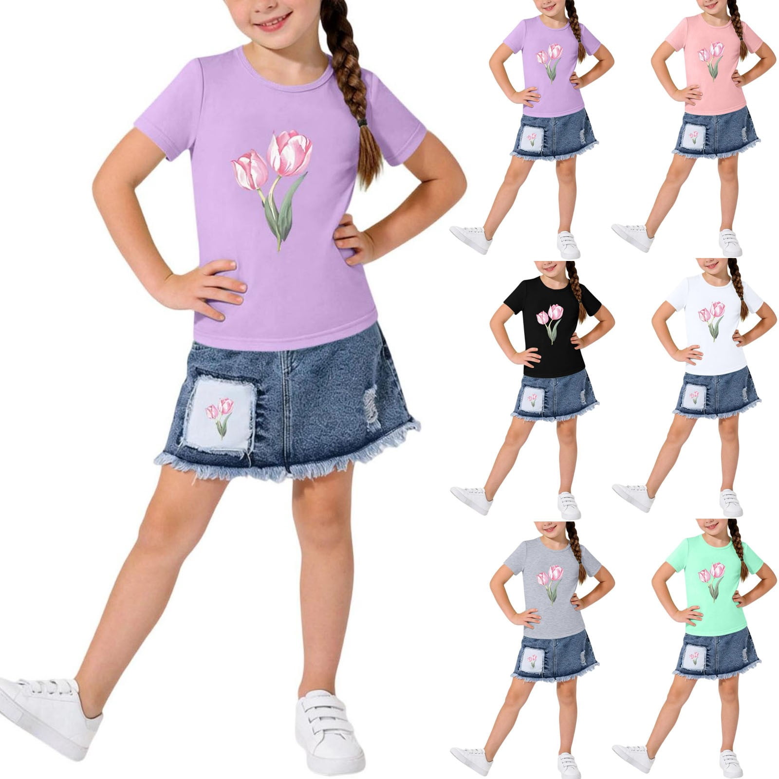ATOGUTA Outfit for Girls 2 Piece Short Sleeve T Shirt and Denim Skirt ...