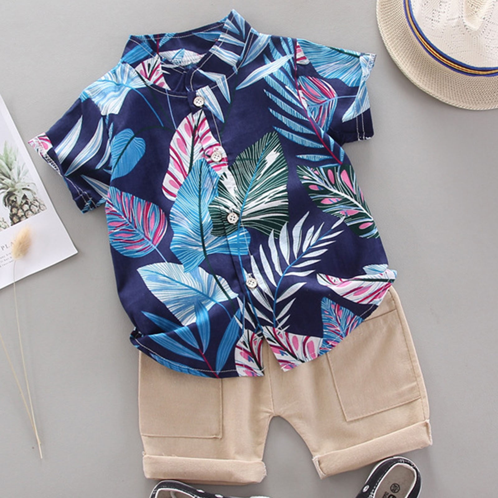 ATOGUTA Outfits for Boys 1T-8 Summer Beach Button-Down Shirt Top + Shorts for Kids Blue ...