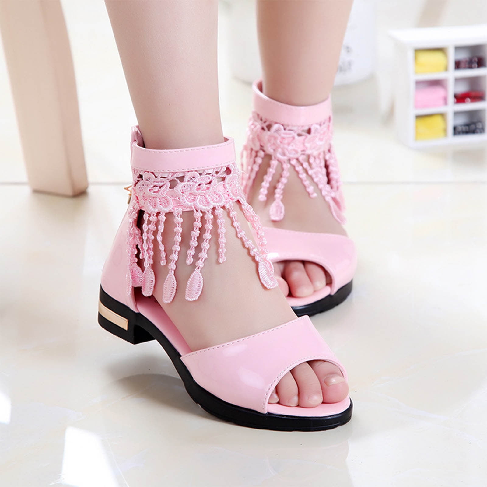 ATOGUTA Sandals Girls Pink Ankle Strap High Heels Dress Open Toe Flower ...