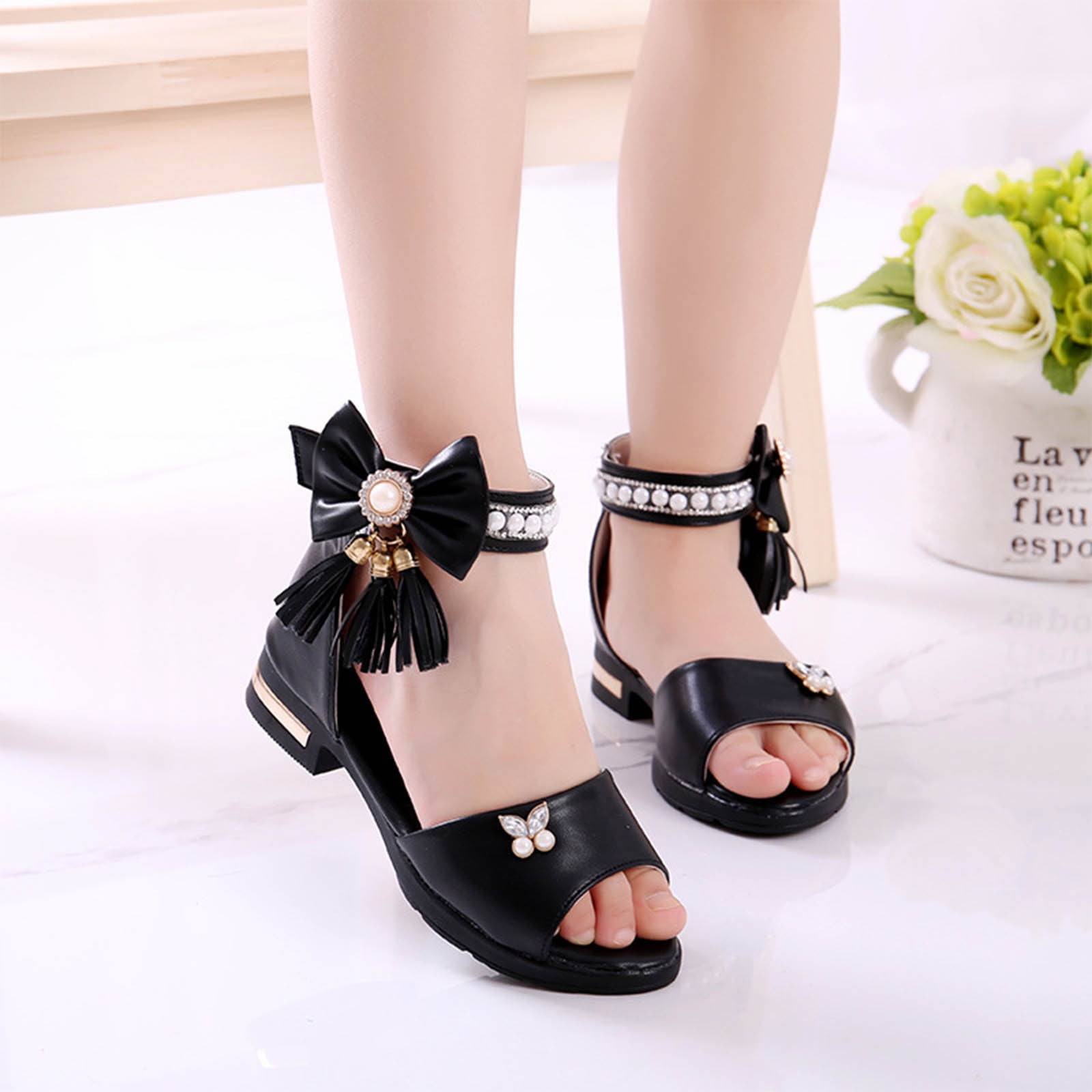 ATOGUTA Sandals for Kids Girls Black High Heel Strappy Open Toe Ankle Strap Dress Shoes for ...