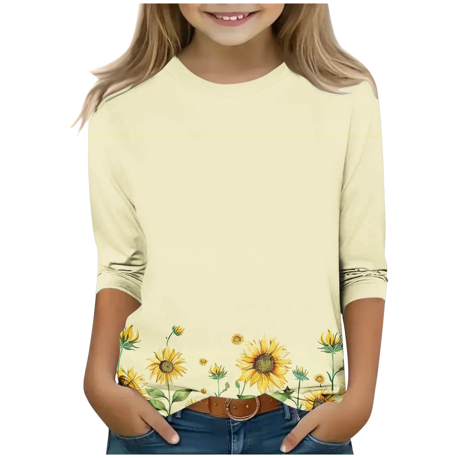 ATOGUTA Shirt for Girls Multicolor Kids Crewneck 3/4 Sleeve Graphic ...