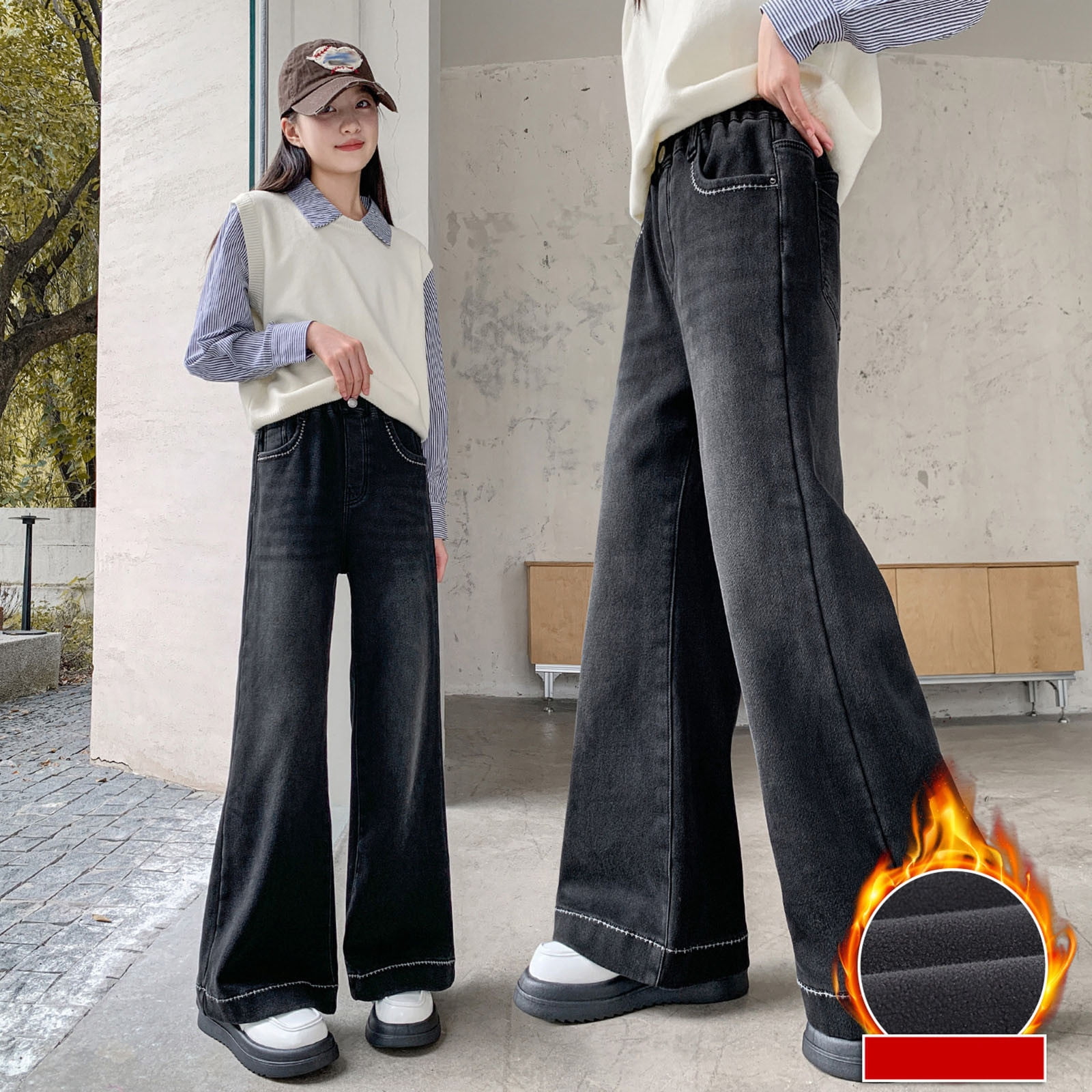 ATOGUTA Teen Jeans Girls Elastic Waistband Cute Baggy Fleece Denim ...