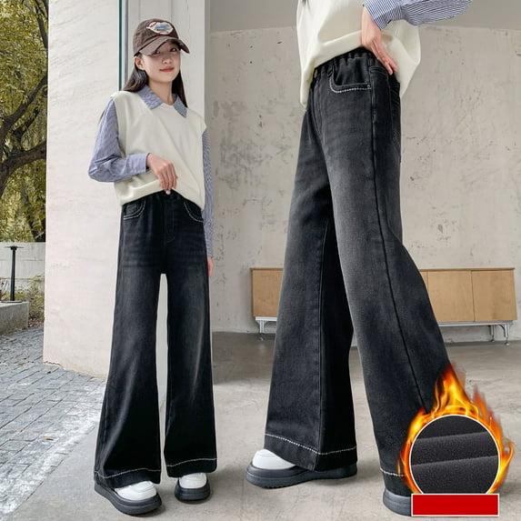 ATOGUTA Teen Jeans Girls Elastic Waistband Cute Baggy Fleece Denim ...