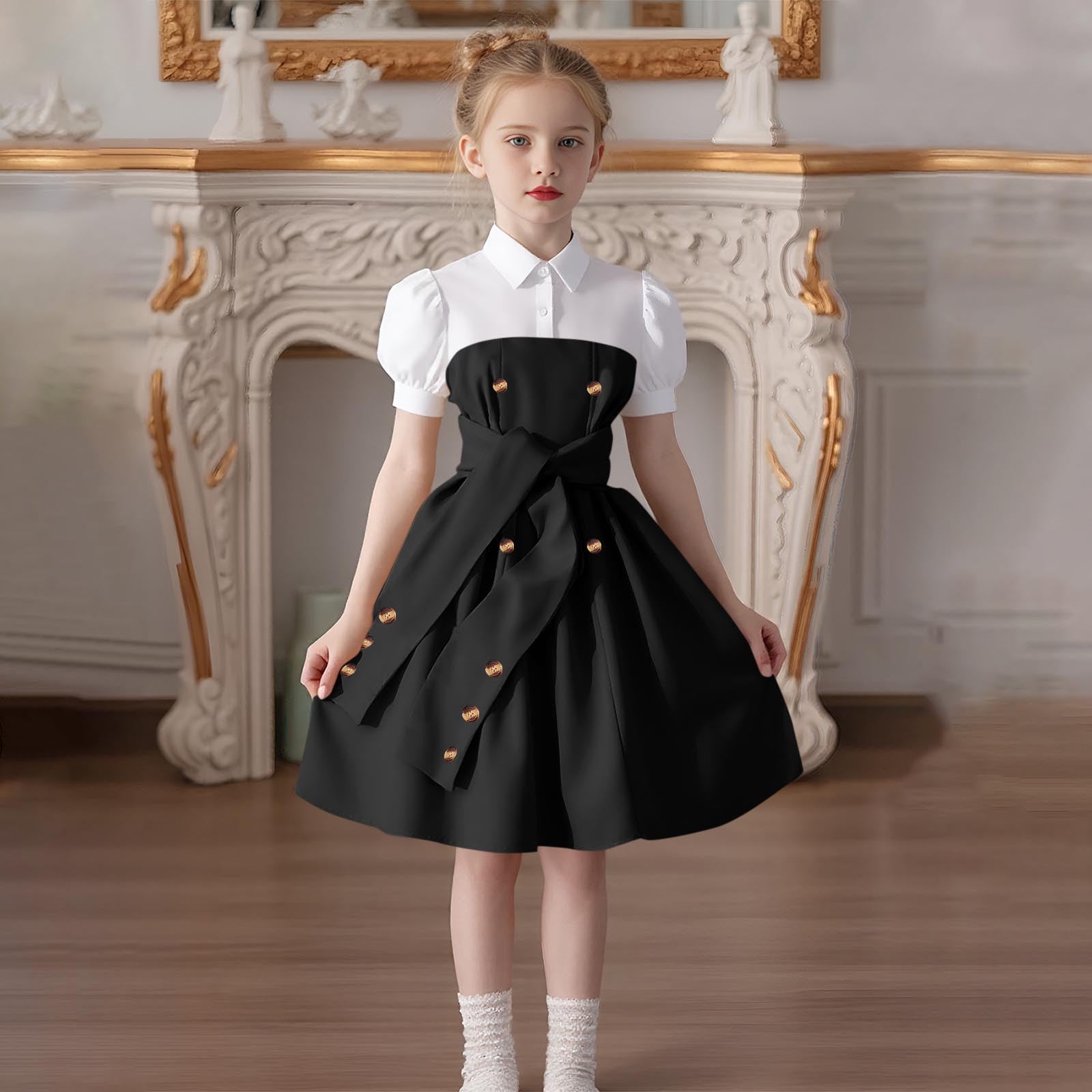 ATOGUTA Tulle Dress Girls A-line Swings Tiered Casual Skirt Lapel Party ...