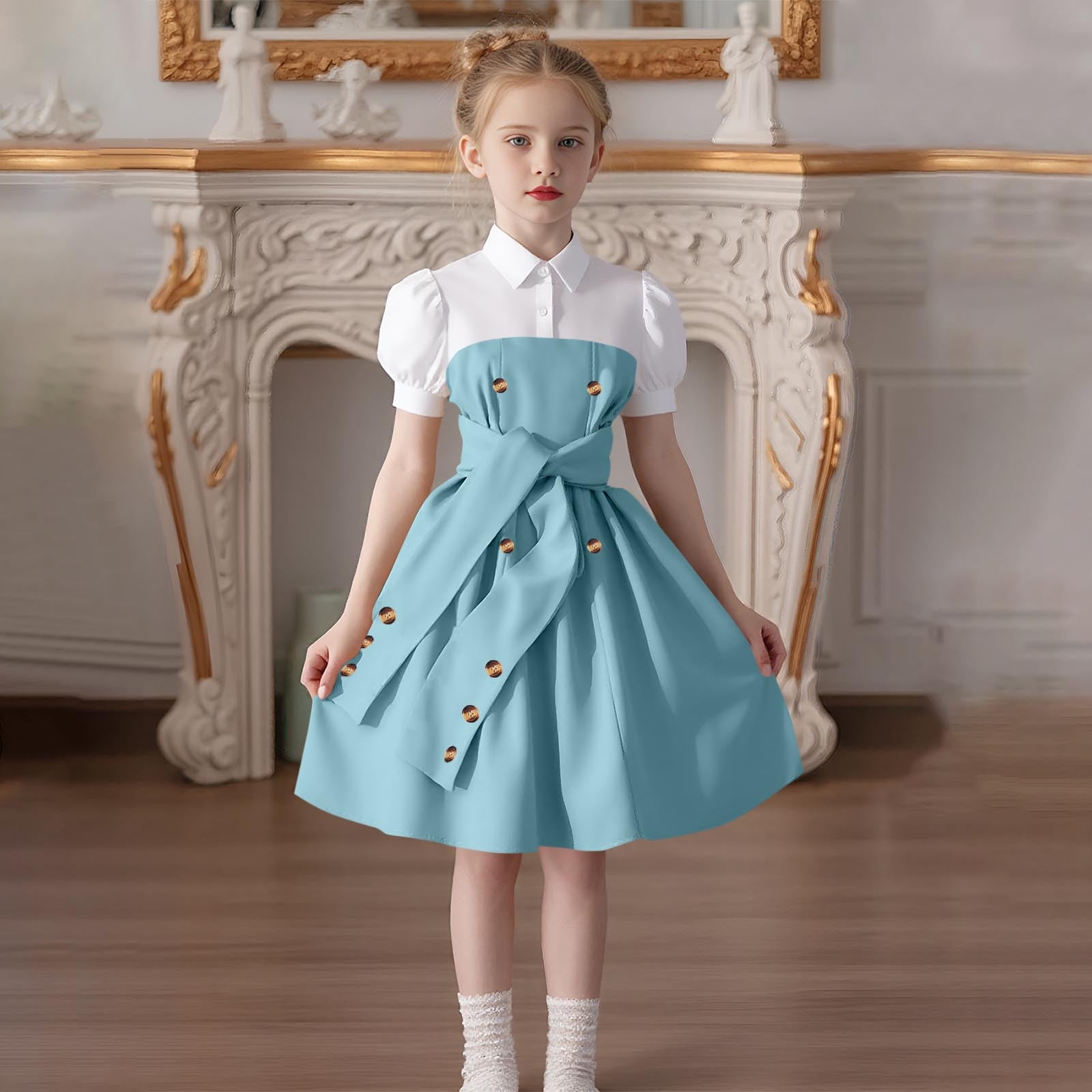ATOGUTA Tulle Dress Girls A-line Swings Tiered Casual Skirt Lapel Party ...