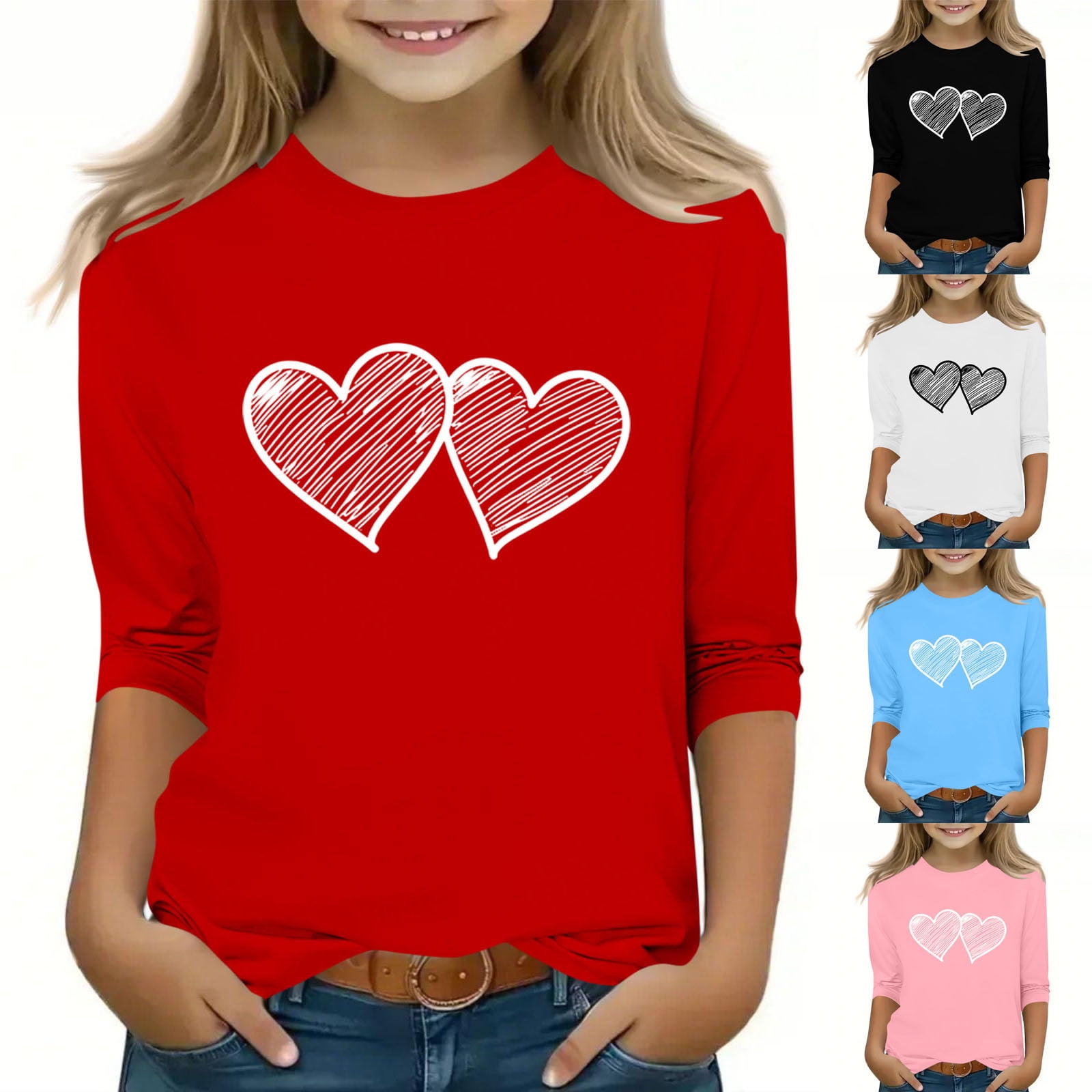 ATOGUTA Valentines Shirt Girls Kids Crew Neck Basic Tee 3/4 Sleeve Tops for Sports Gym Yoga Size ...