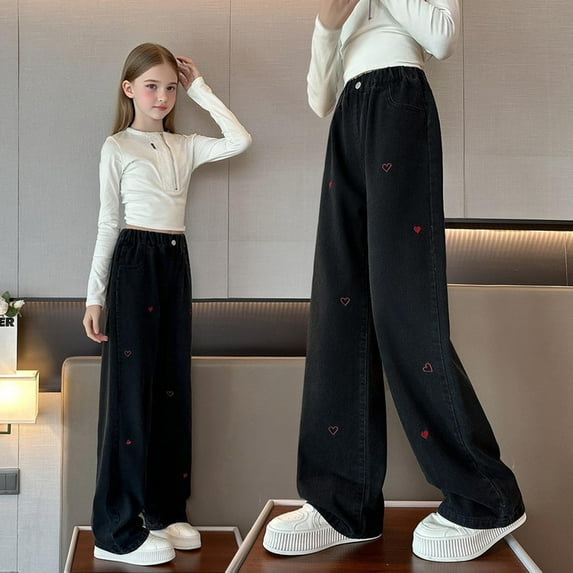 ATOGUTA Young Girls Jeans Elastic Waistband Cute Baggy Denim Pants for ...