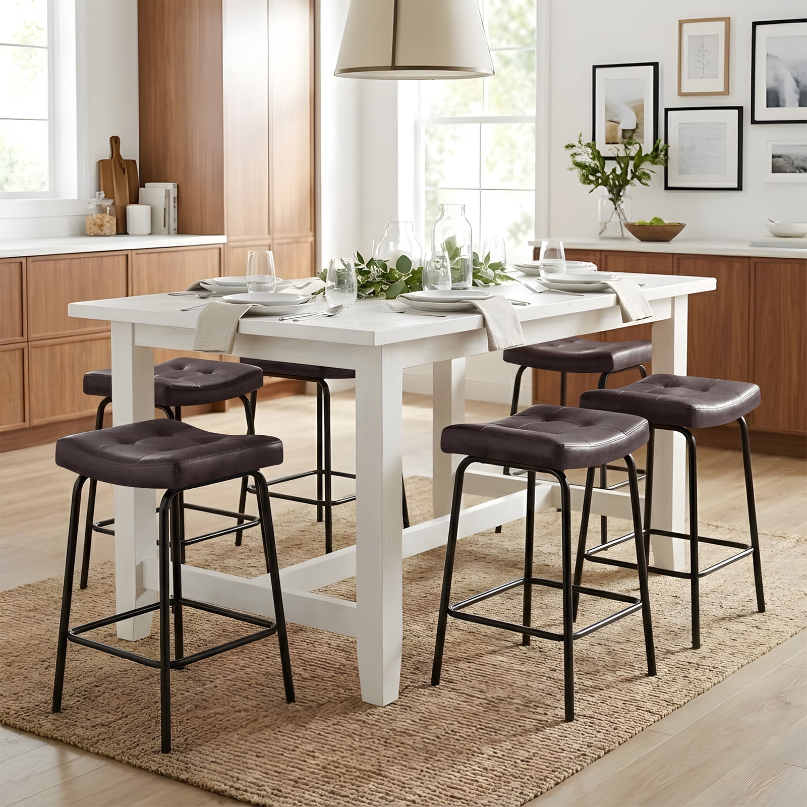 25" Saddle Counter Stools Set of 6, Tufted Faux Leather Counter Height ...