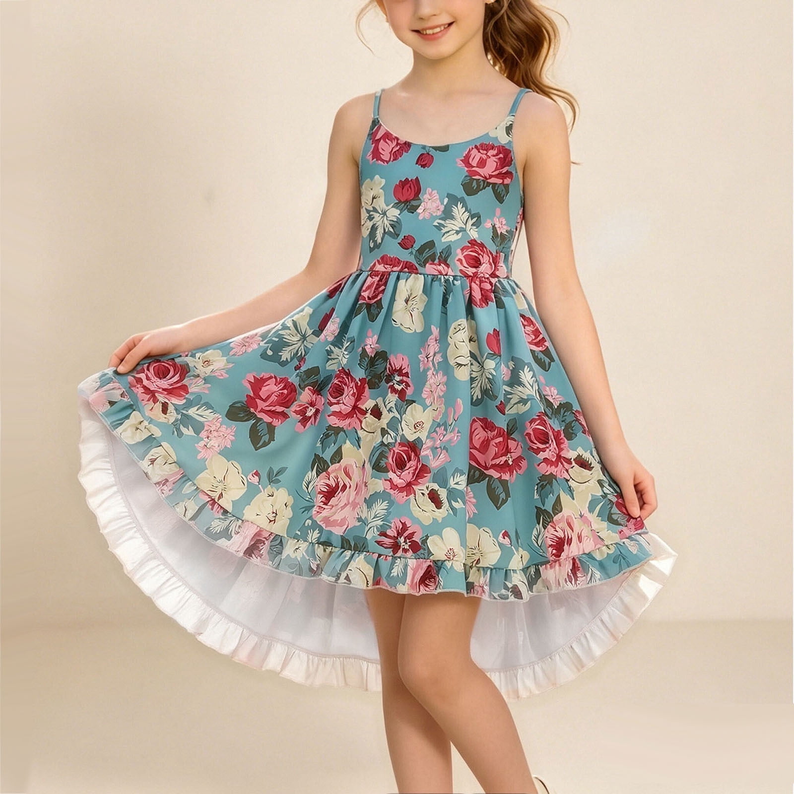 ATORRE Girls Floral Dress Summer Summer Casual Spaghetti Strap High-Low ...