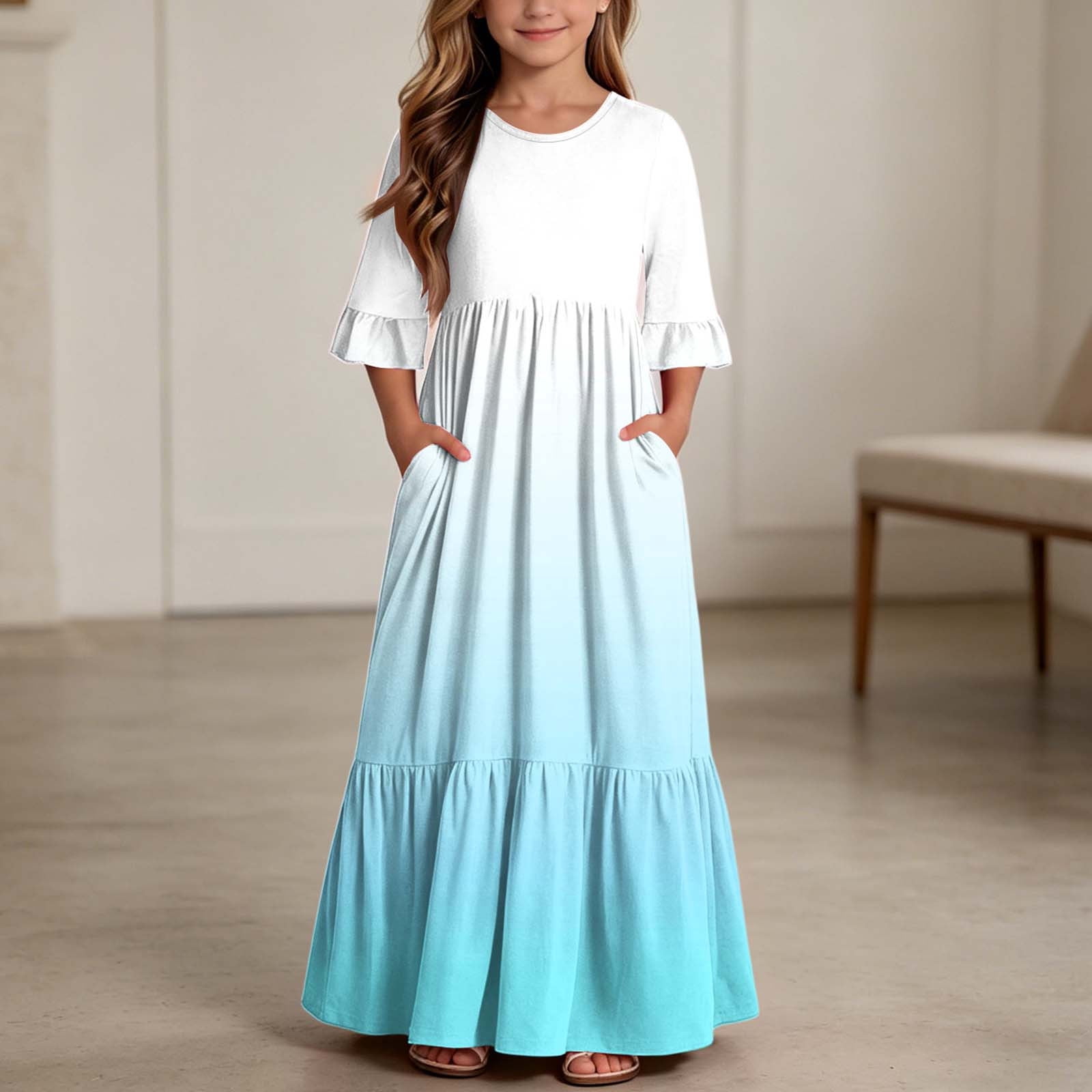 ATORRE Girls Maxi Dress Summer Loose Comfortable Ombre Color Crew Neck ...