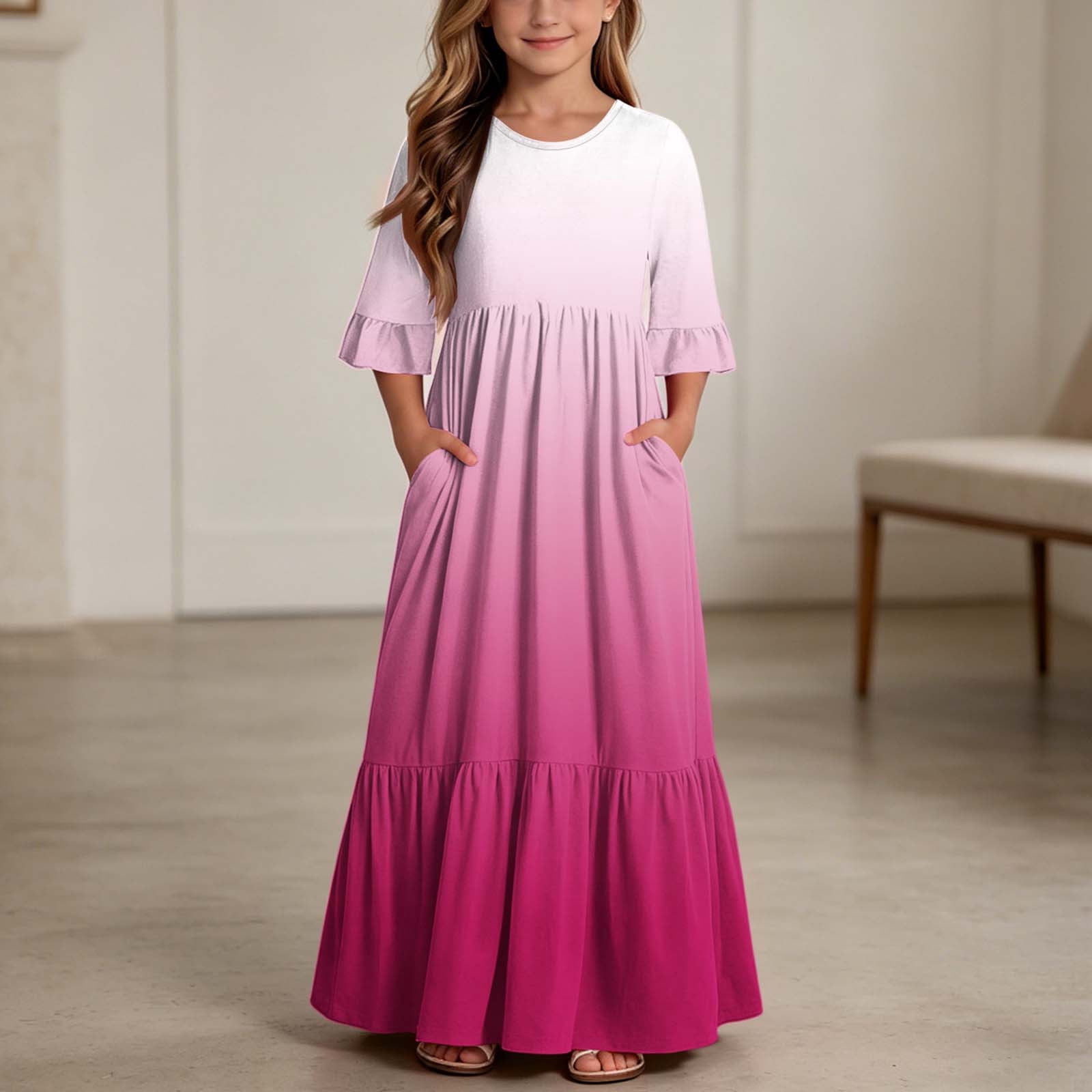 ATORRE Girls Maxi Dress Summer Stylish Ombre Round Neck Short Sleeve ...
