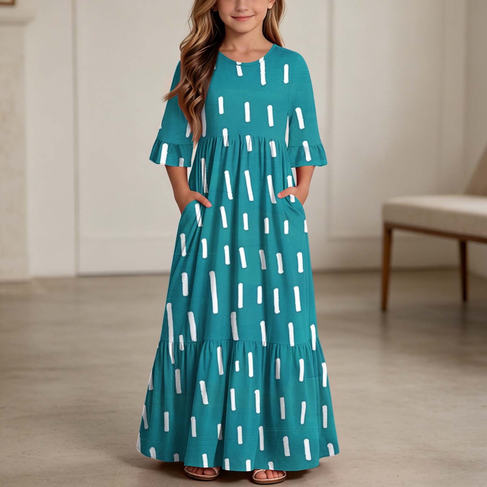 ATORRE Girls Maxi Dress Summer Stylish Stripe Crew Neck Short Sleeve ...