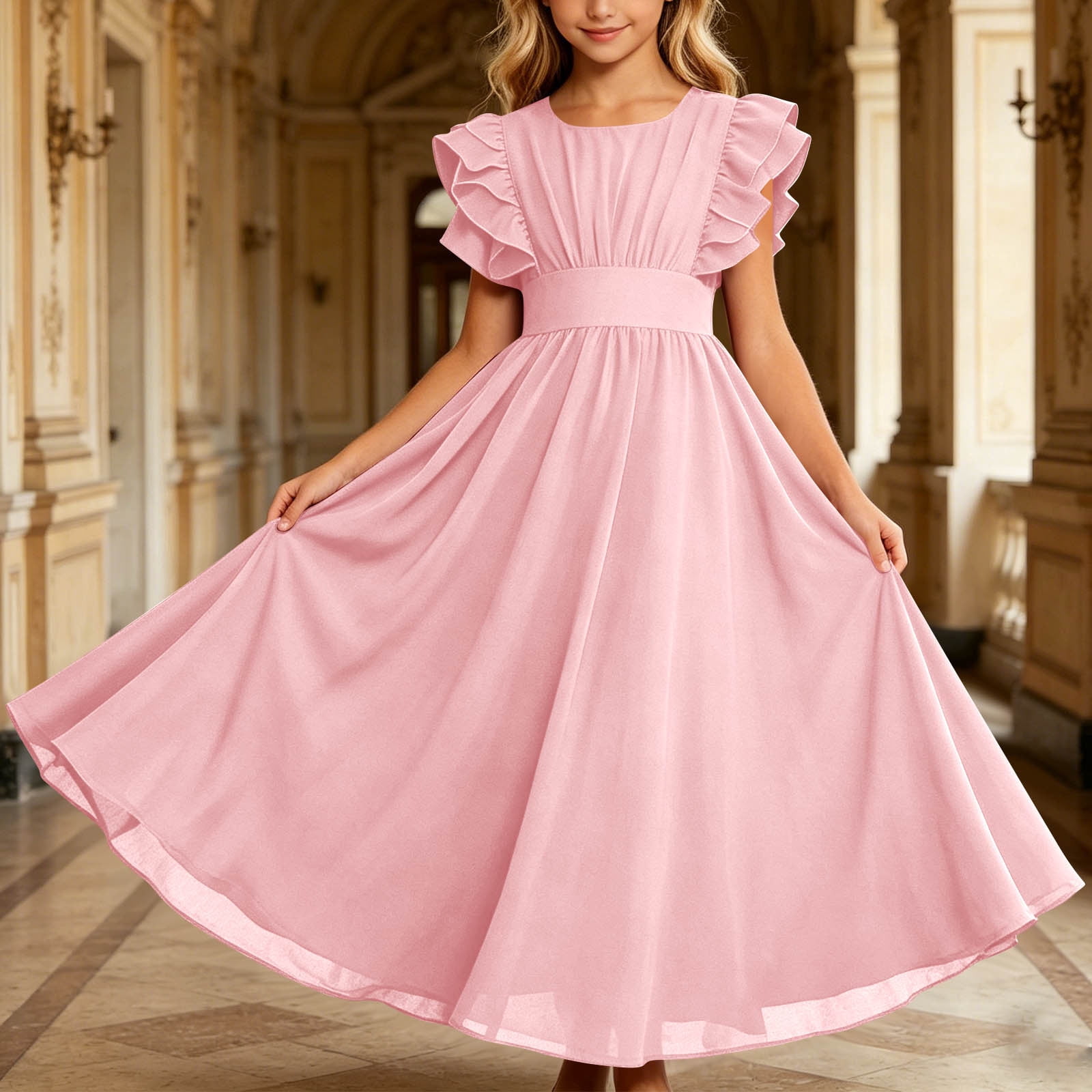 ATORRE Girls Ruffle Sleeve Dress Fashion Pleated Solid Color Round Neck ...