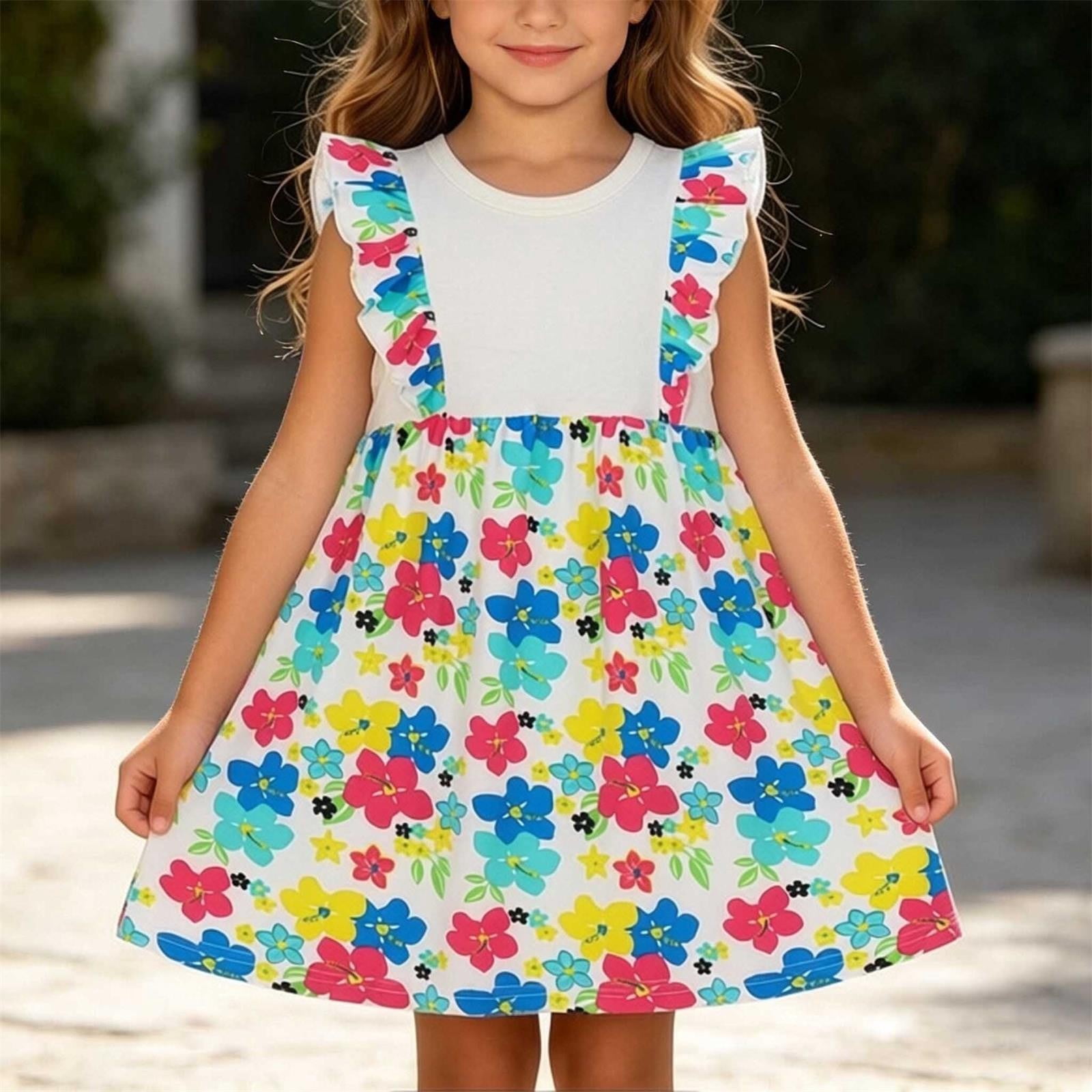 ATORRE Girls Ruffle Sleeve Tank Dress Summer Cute Floral Print Round ...