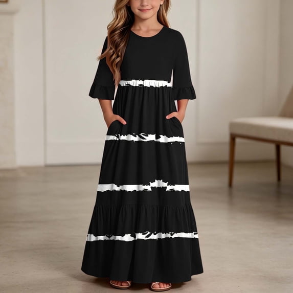 ATORRE Girls Stripe Maxi Dress Summer Loose Comfortable Crew Neck Short ...
