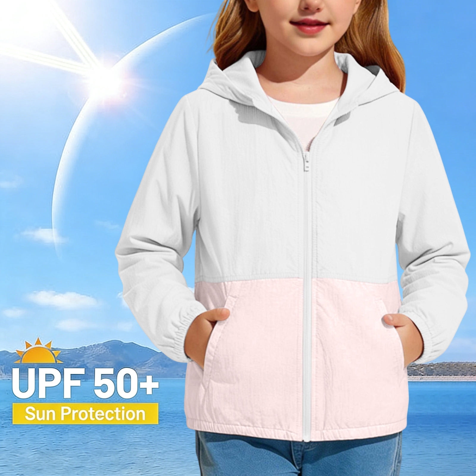 ATORRE Kids Girls Hooded Jacket Summer Zip Up Elastic Cuff Long Sleeve ...
