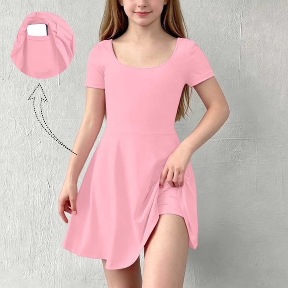 ATORRE Kids Girls Summer Dress Solid Color Crewneck Short Sleeve Flowy ...