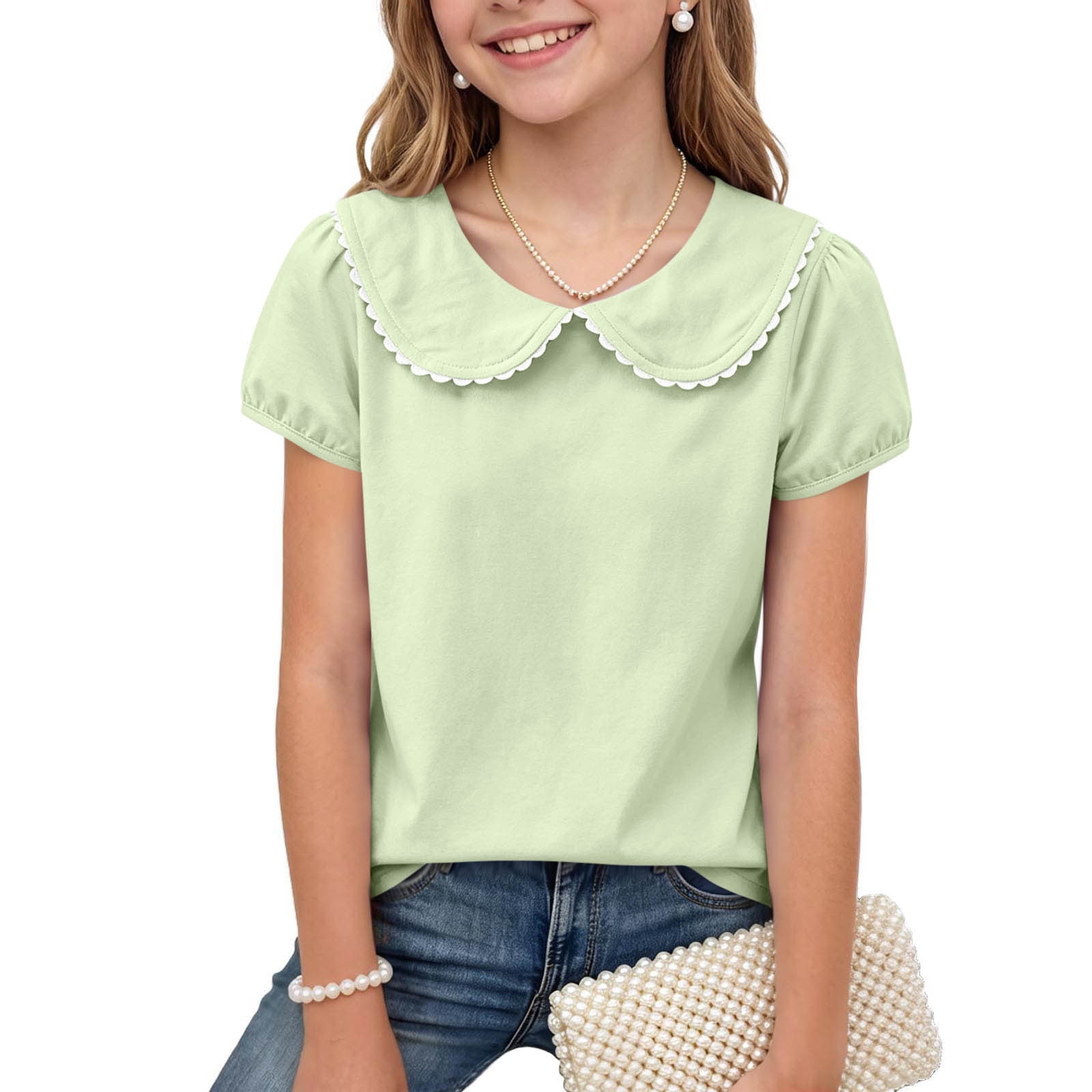 ATORRE Toddler Girls Preppy Shirts Stylish Solid Color Peter Pan Collar ...