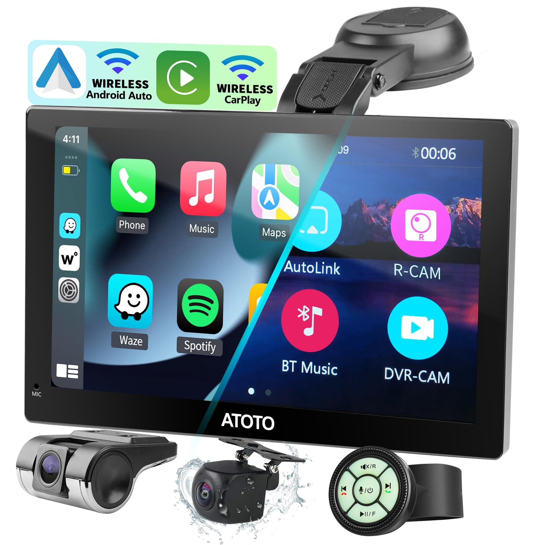 ATOTOEXCEL Wireless Portable CarPlay Screen for Car, 9'' Wireless ...